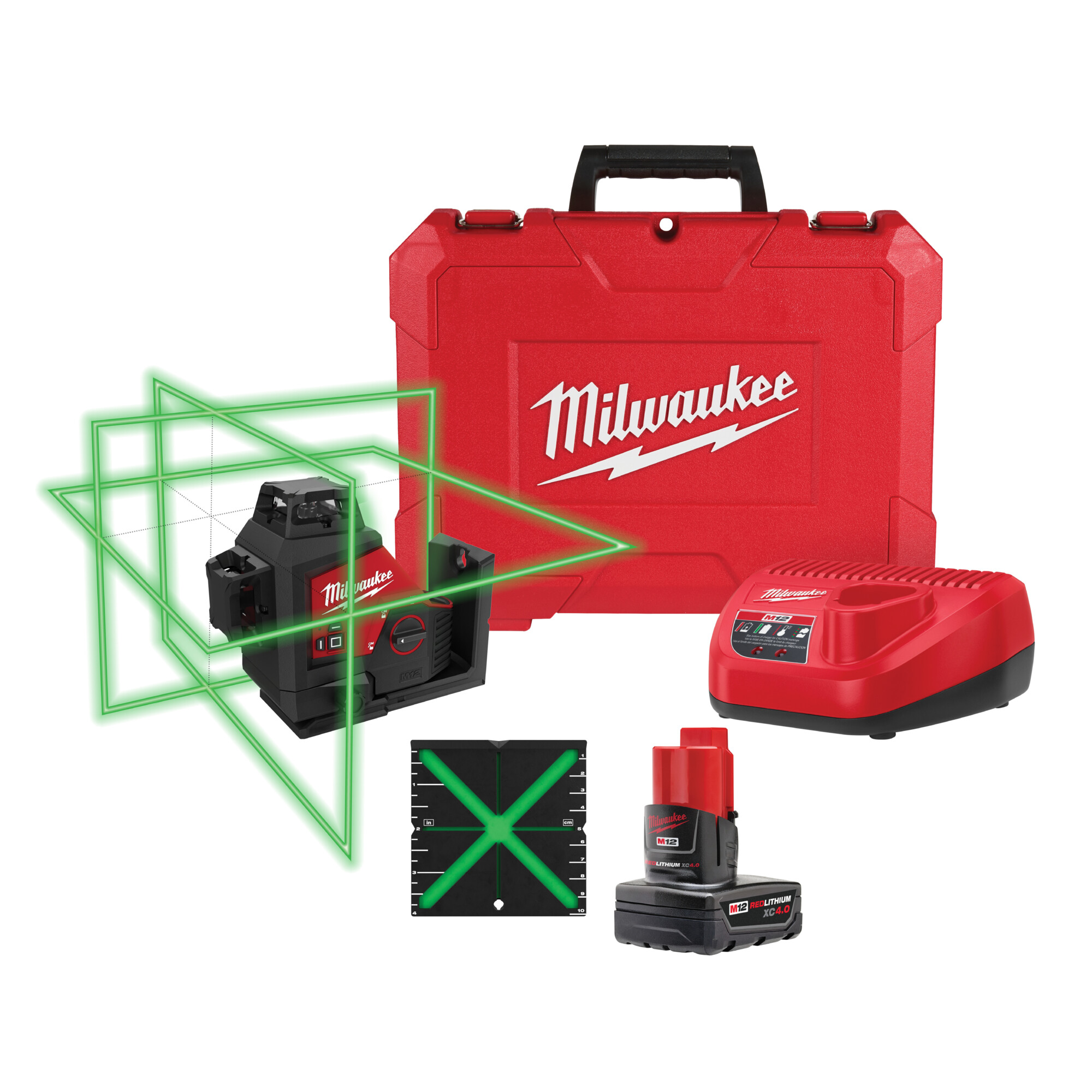 Milwaukee M12 Rechargeable Green 360° 3 Plane Laser Kit, One Battery ...