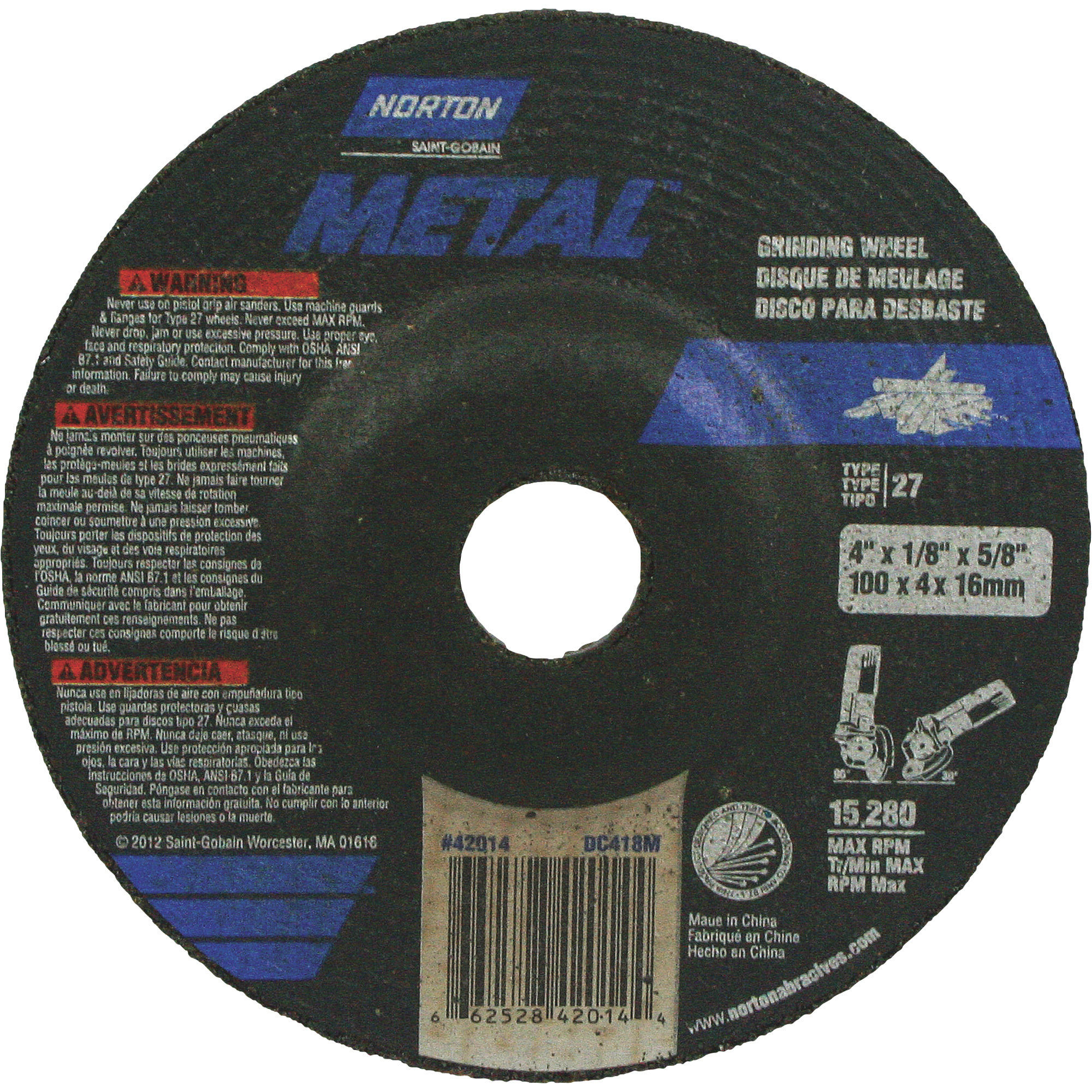 Norton Metal Grinding Wheel, 4in. Dia., 13,500 RPM, Model# 66252842014 ...