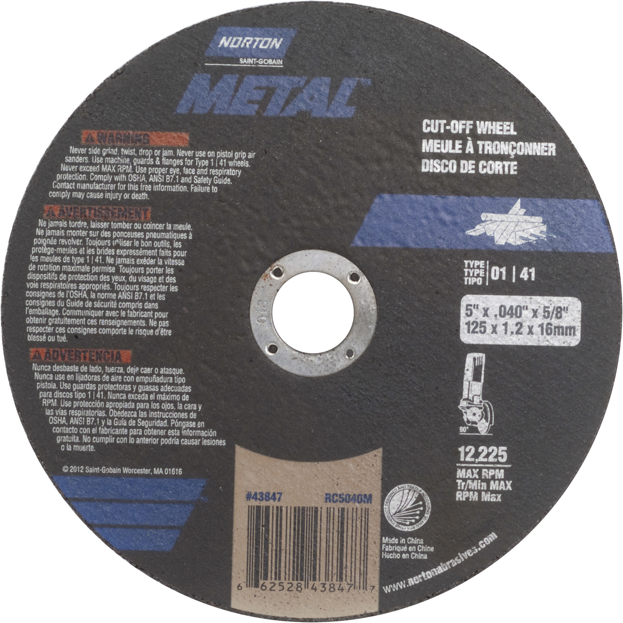 Norton Cutoff Wheel, 5in. Dia., 12,225 RPM, Model# 076607-01618-8 ...