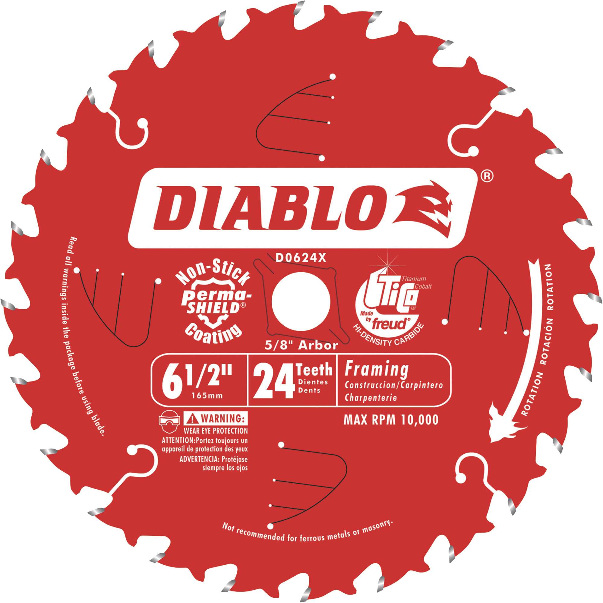 Freud Diablo Framing Saw Blade, 6 1/2in. x 24 Tooth, For Wood & Wood ...