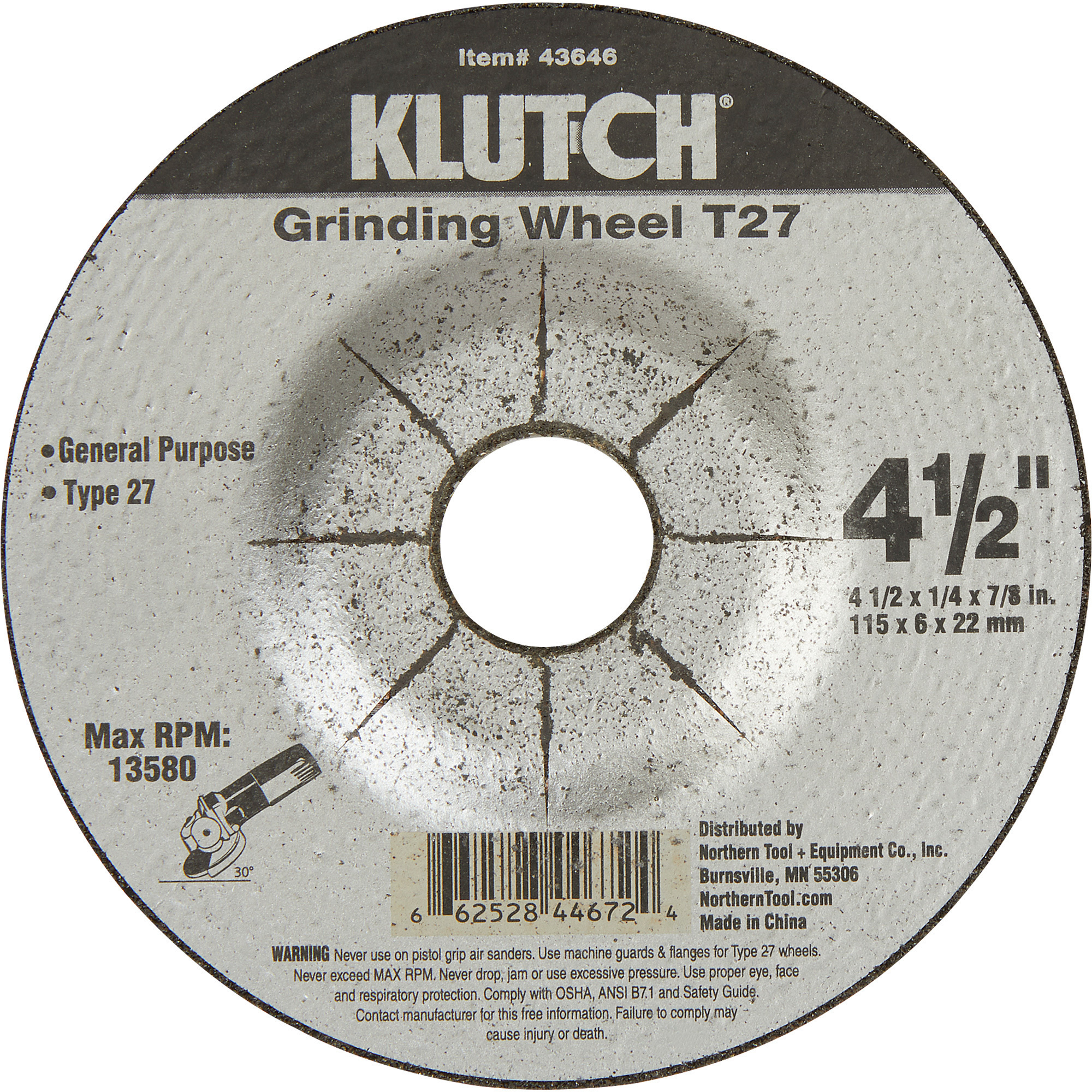 Klutch 4 1/2in. T27 Grinding Wheel, 13580 RPM | Northern Tool