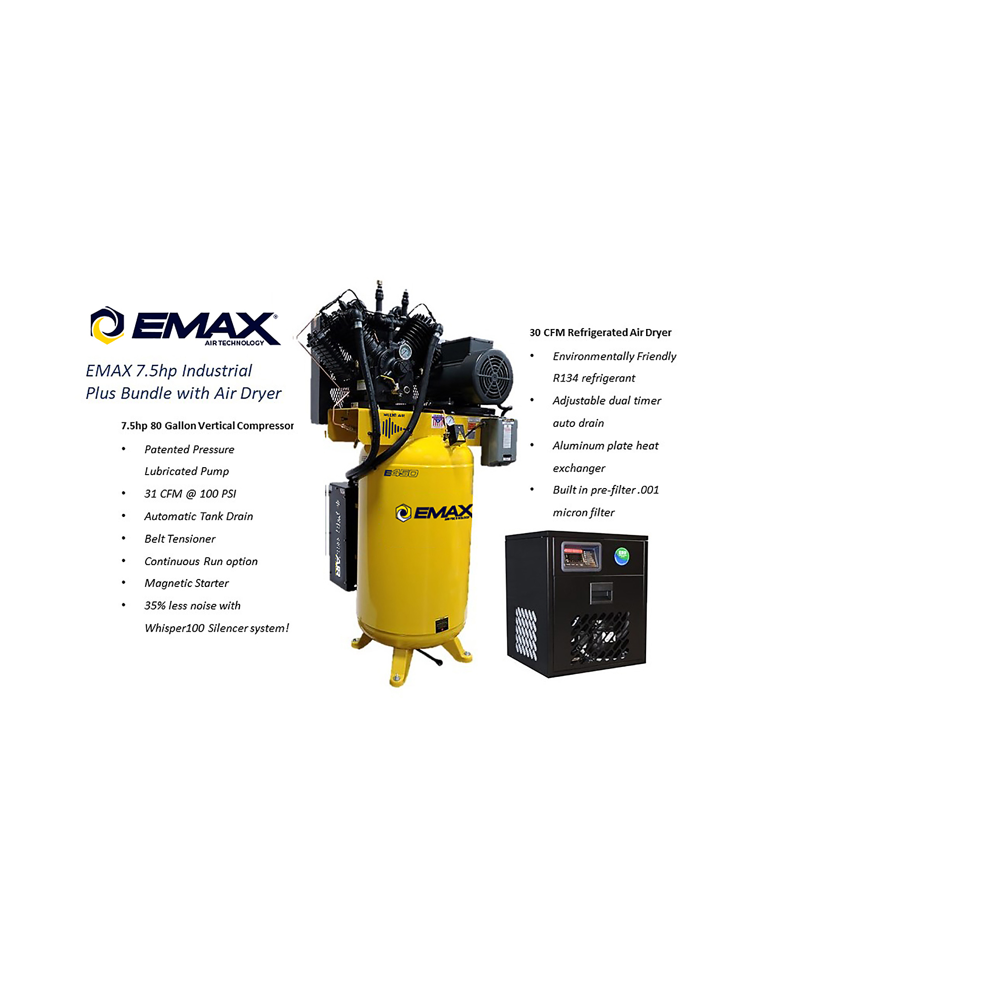 EMAX Silent Vertical Air Compressor w/ Air Dryer Bundle, 7.5 HP, 80 Gal ...
