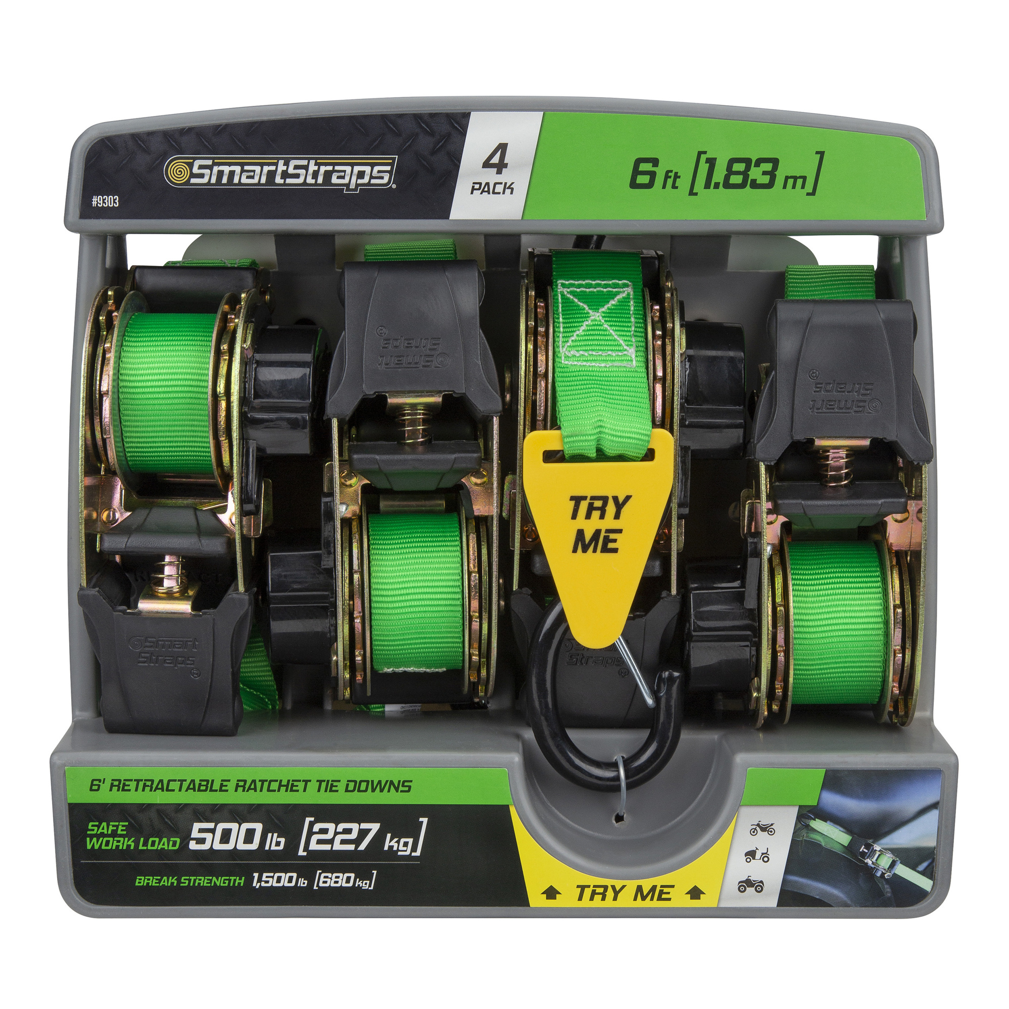 SmartStraps, 6ft. 1500lb Retractable Ratchet Tie Down-Gated Hook 4Pk ...