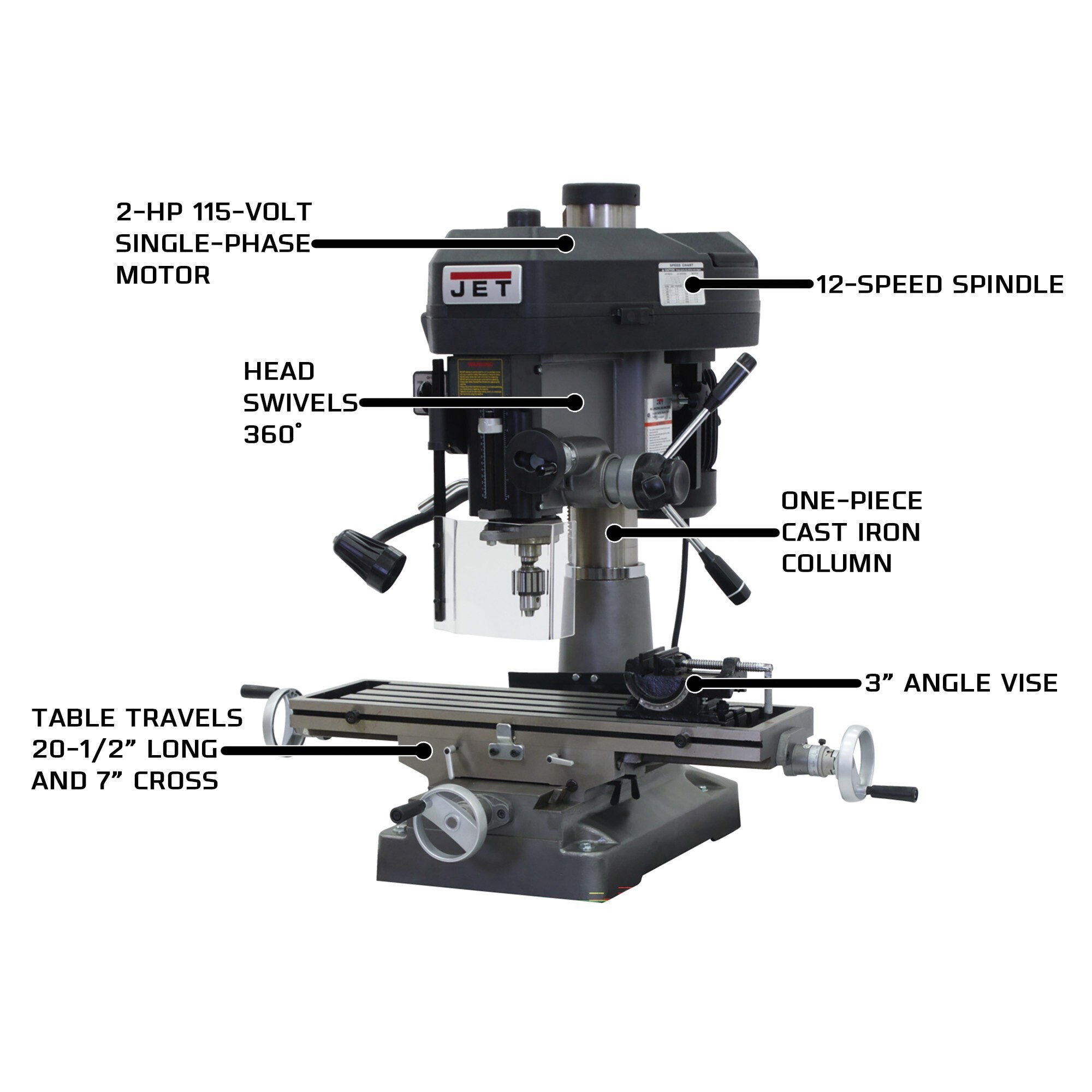 JET, Milling Machine, Horsepower 2 HP, Volts Multi, Model# JMD-18 ...