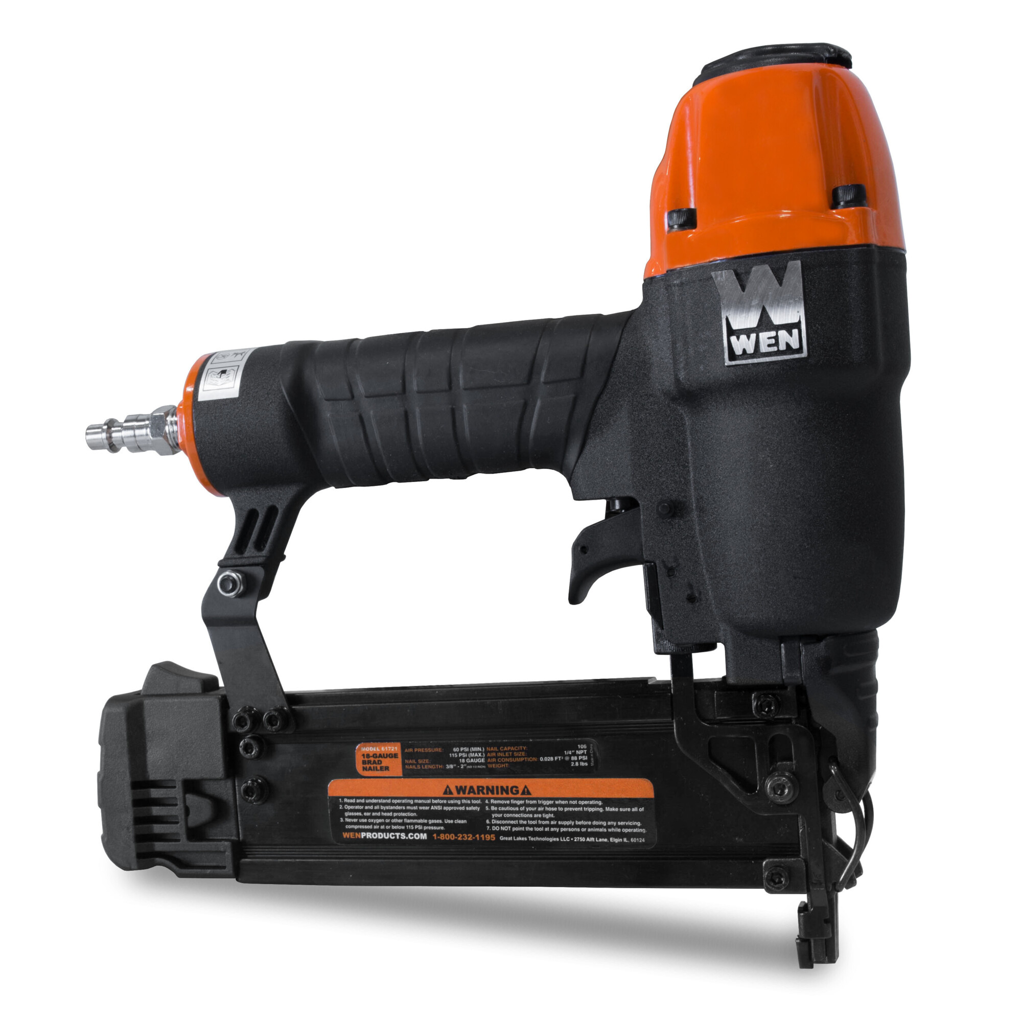 WEN, 18-Gauge 3/8in. to 2in. Pneumatic Brad Nailer, Fastener Size 2 in ...
