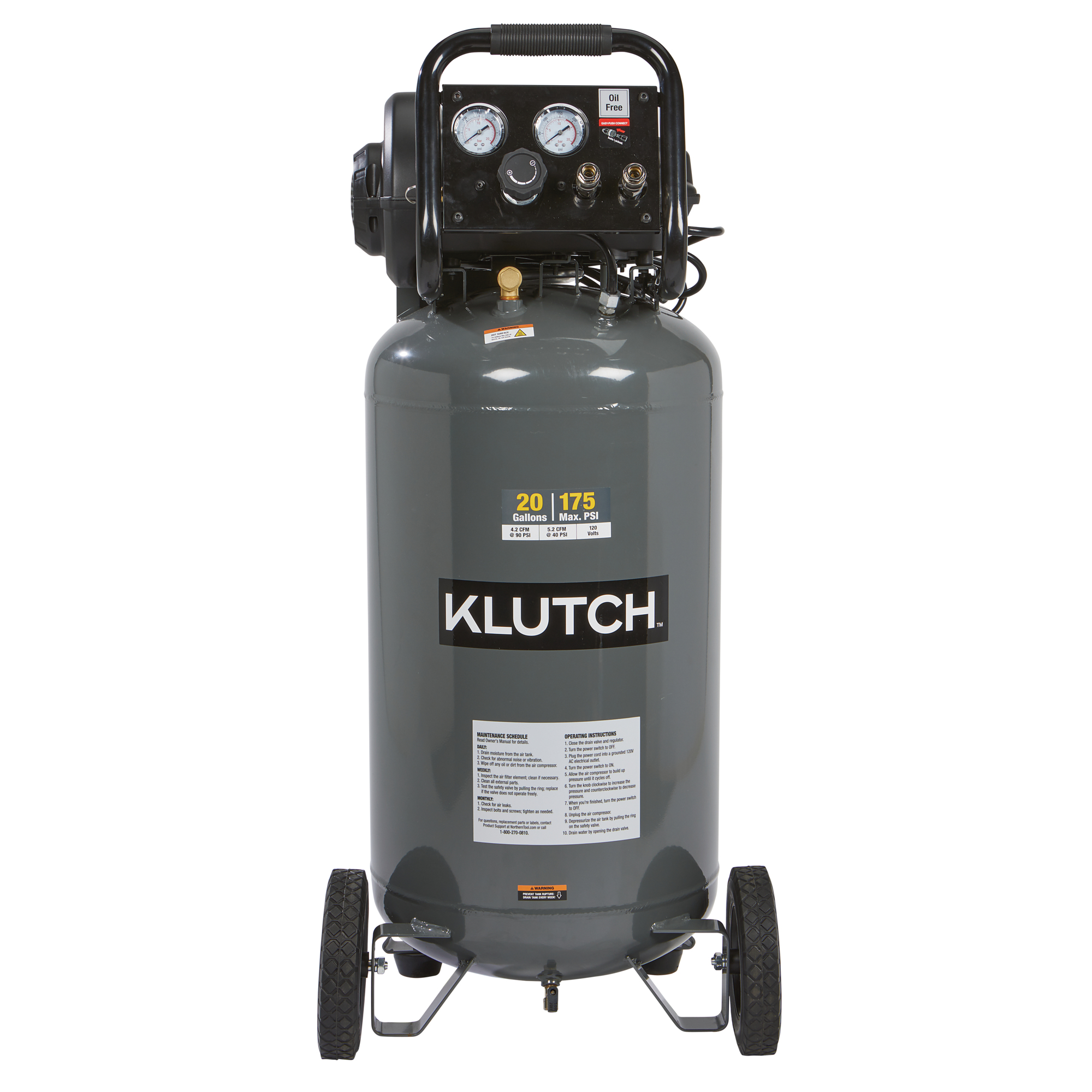 Klutch 20-Gallon Air Compressor, 2 HP, 120 Volts, 175 PSI | Northern Tool