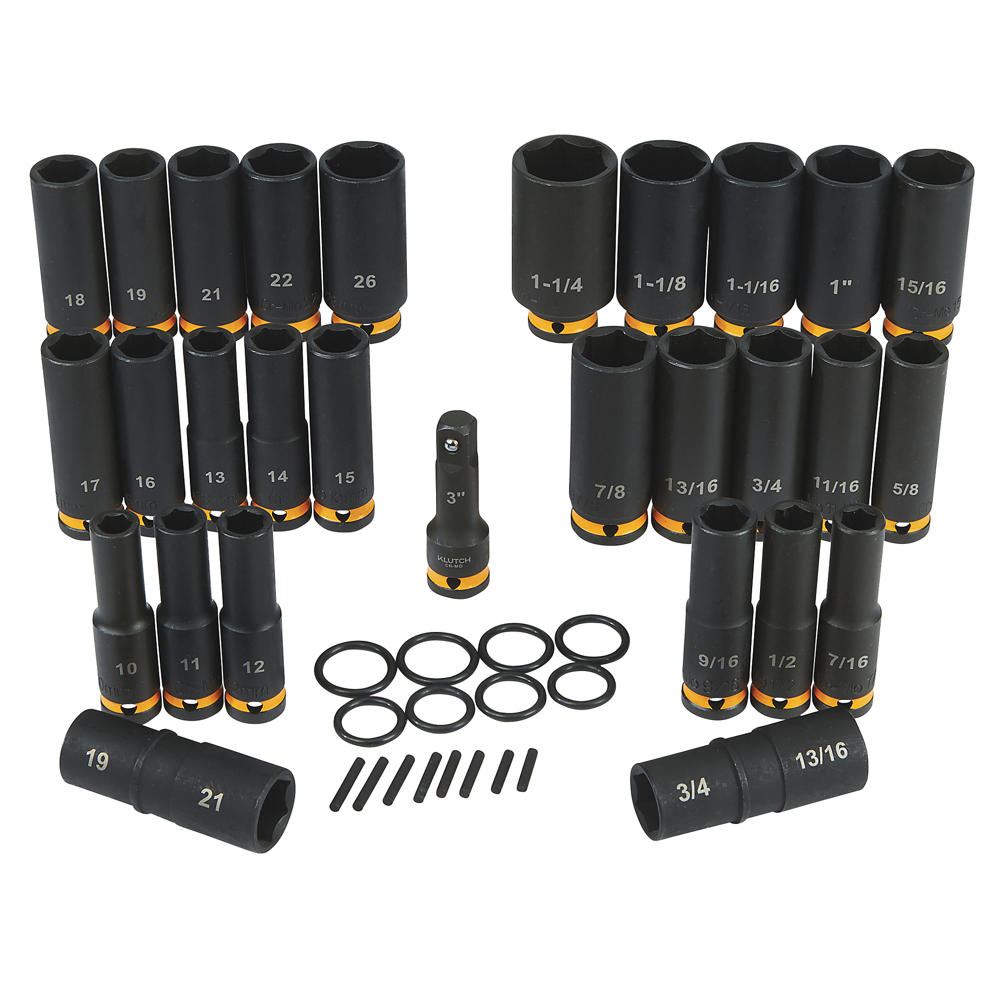 Klutch 1/2in.-Drive Deep Impact Socket Set, SAE + Metric, Chrome ...