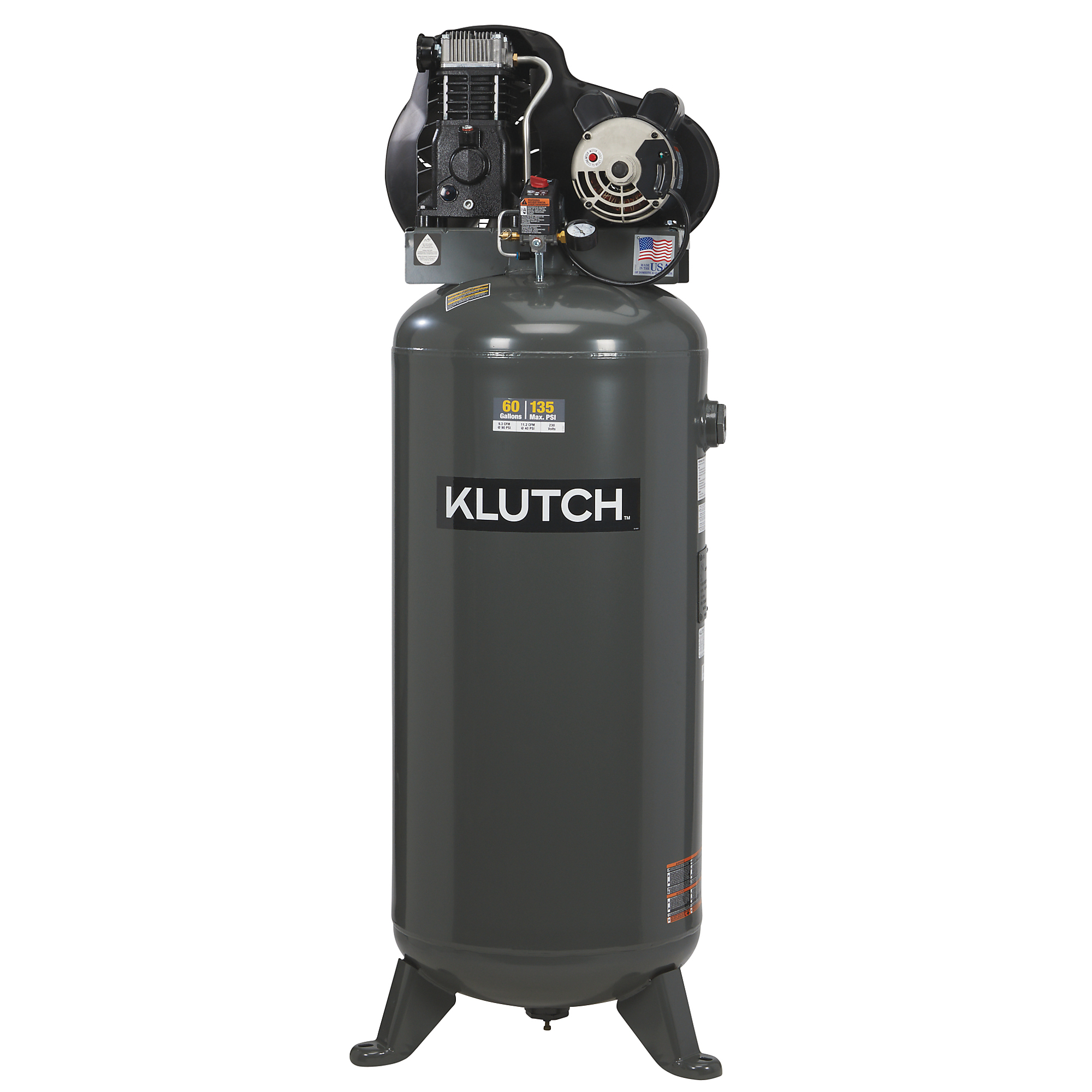 Klutch 60-Gallon Single-Stage Vertical Air Compressor, 3.7 HP, 230 ...