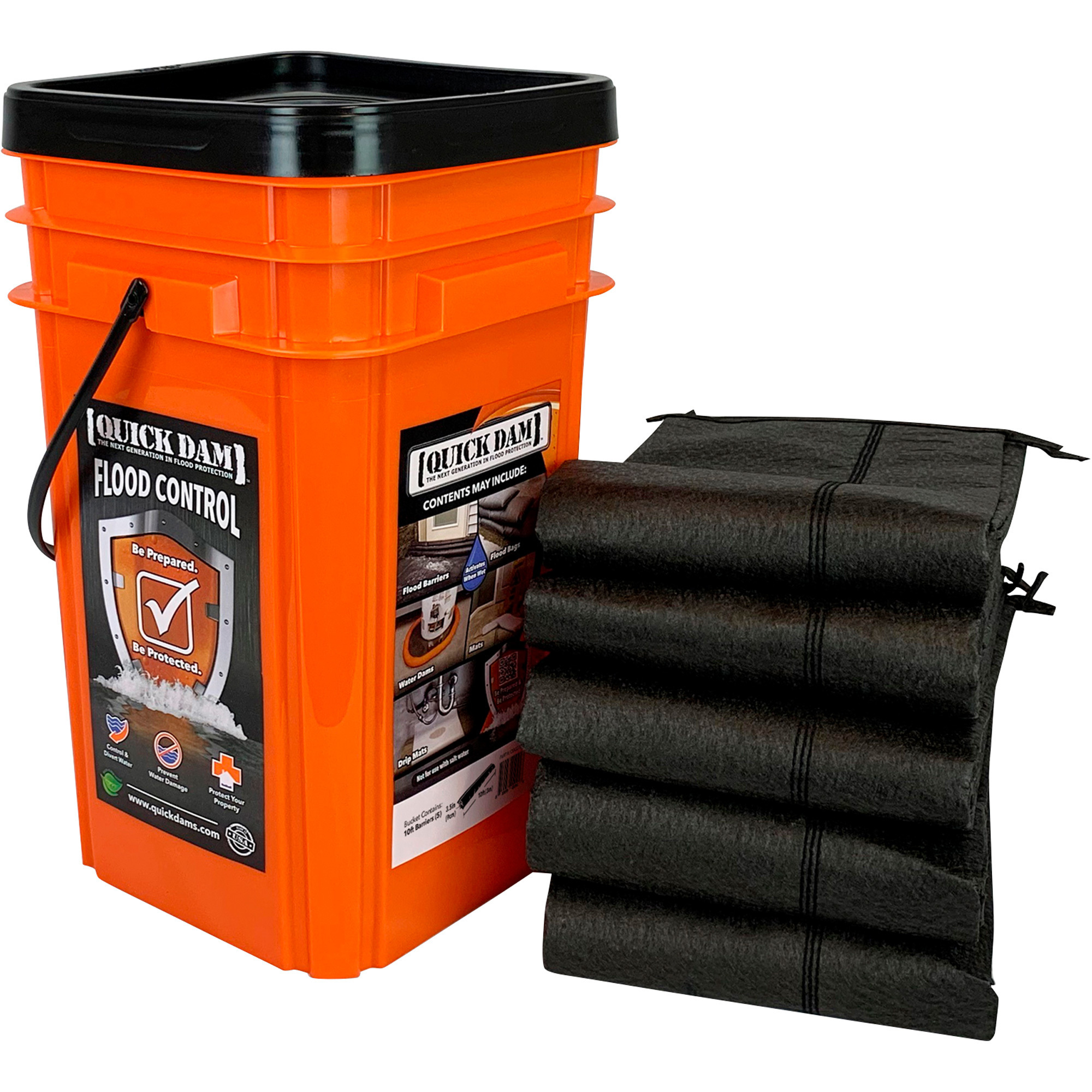 Quick Dam Grab & Go Flood Kit, Includes 5 Flood Barriers and Bucket ...
