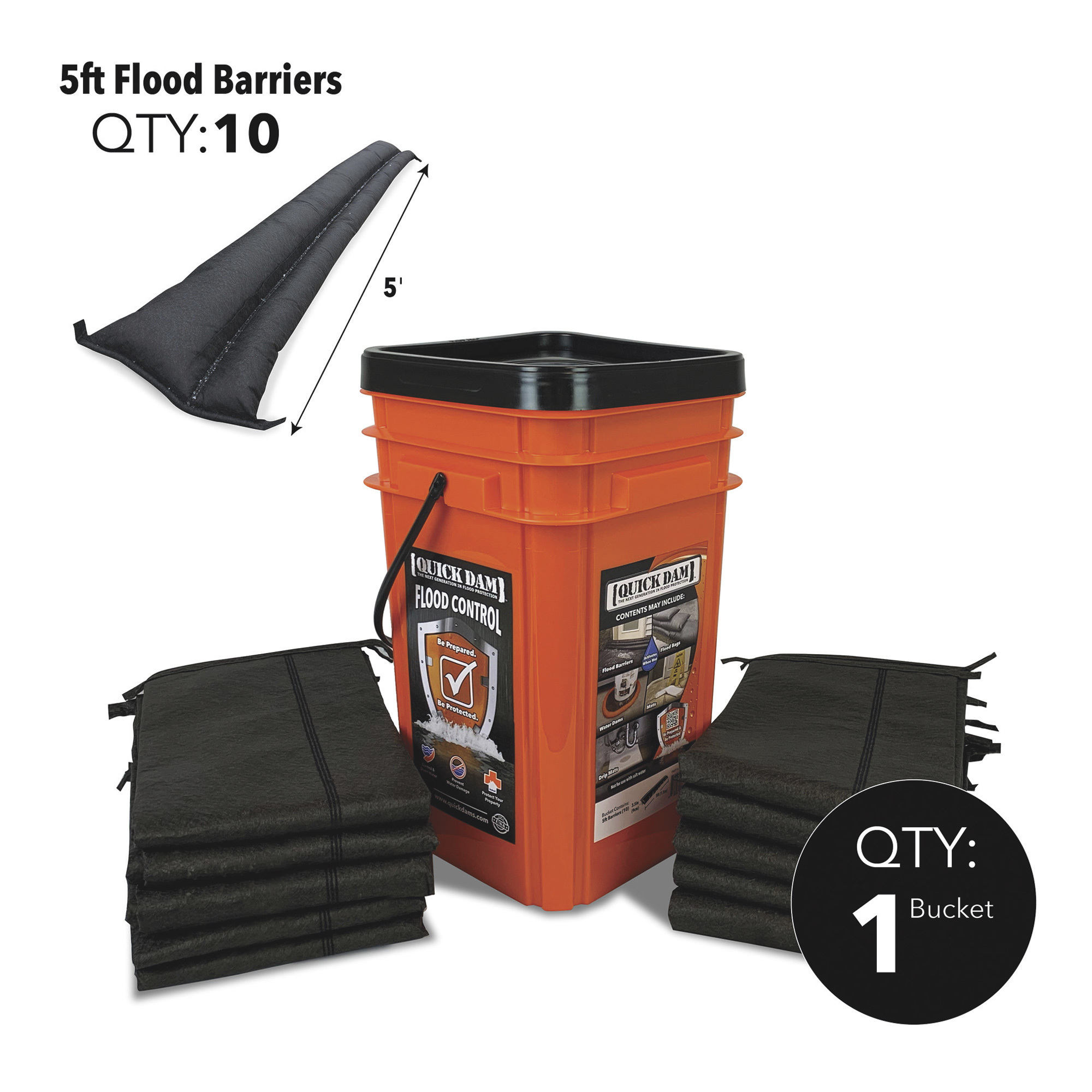 Quick Dam Grab & Go Flood Kit, Includes 10 Flood Barriers and Bucket ...