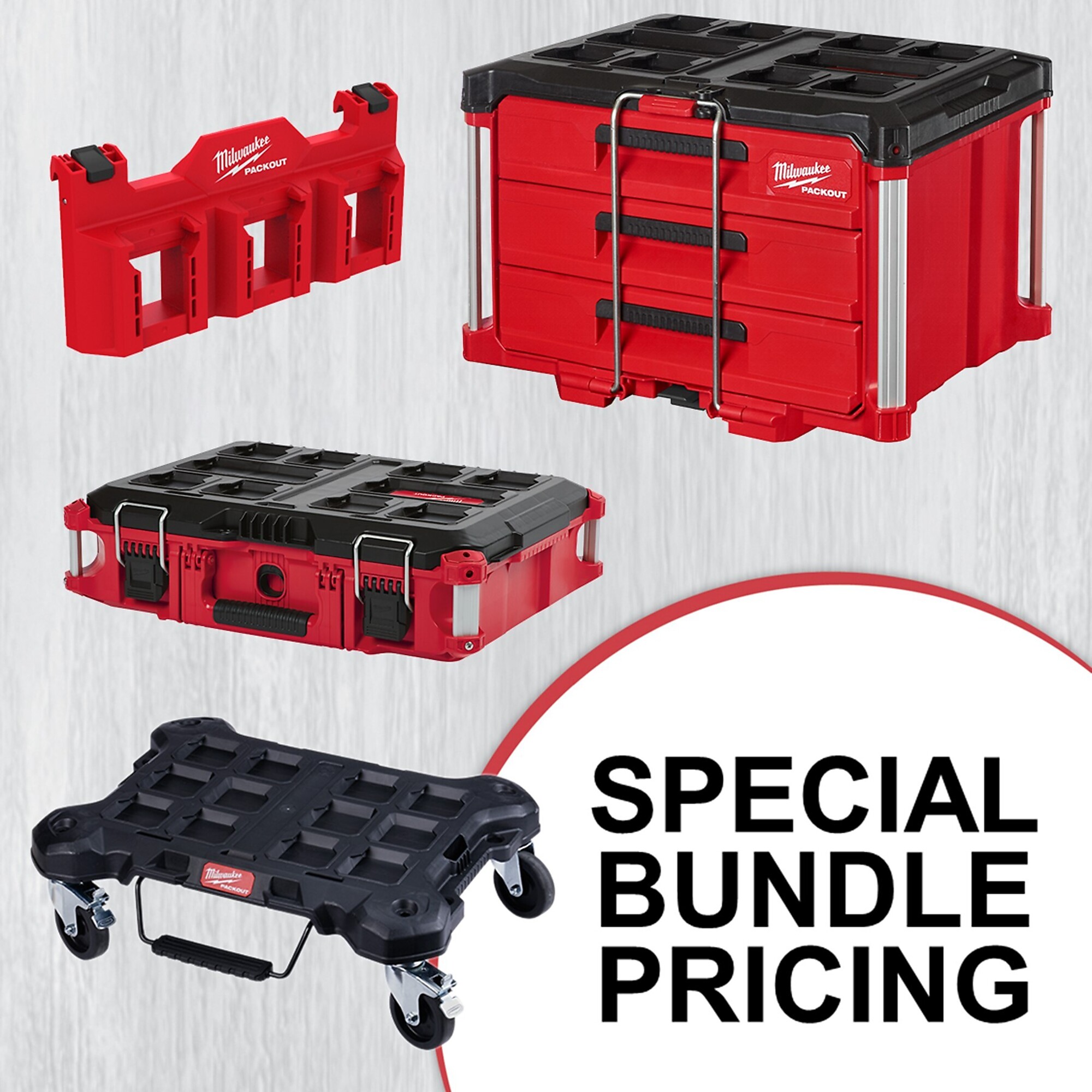 Milwaukee PACKOUT 3-Drawer Toolbox Kit with Dolly, Toolbox and Rack ...