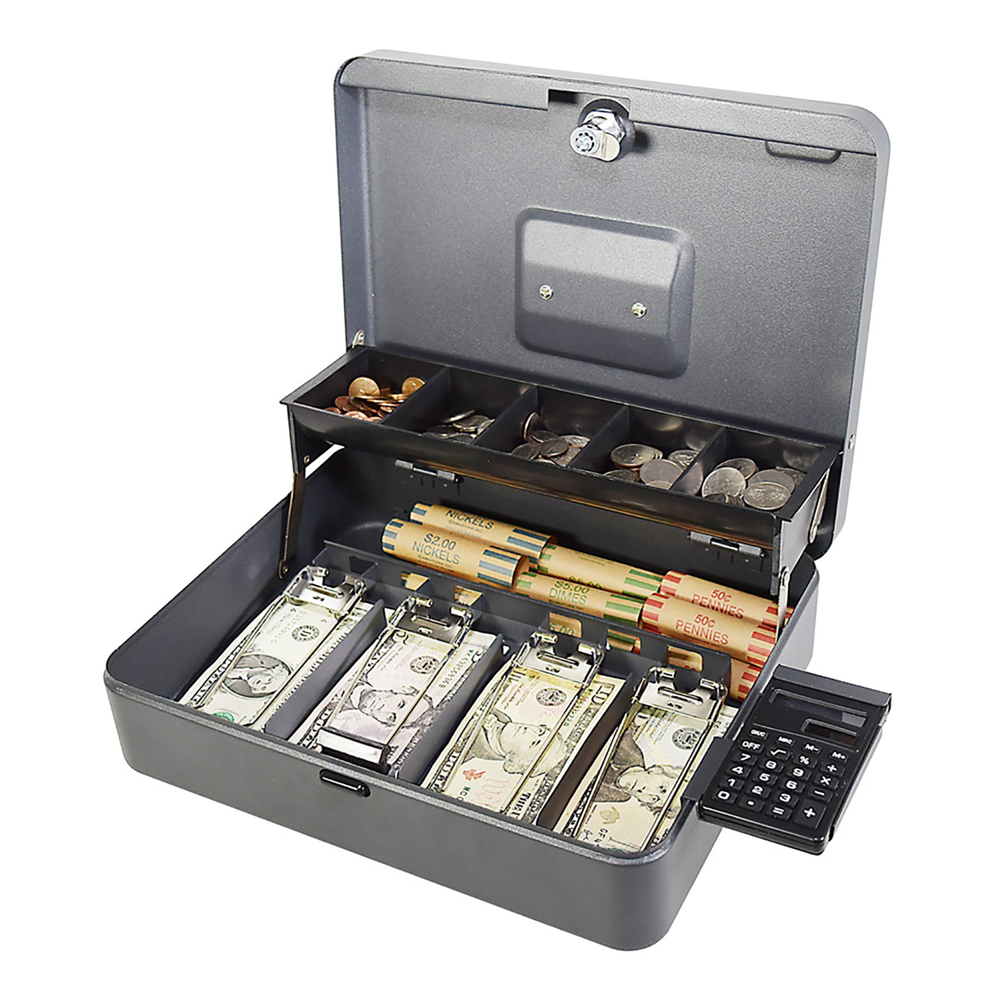 STEELMASTER Tiered Tray Cash Box with Calculator — Gray, 11 13/16in.W x ...