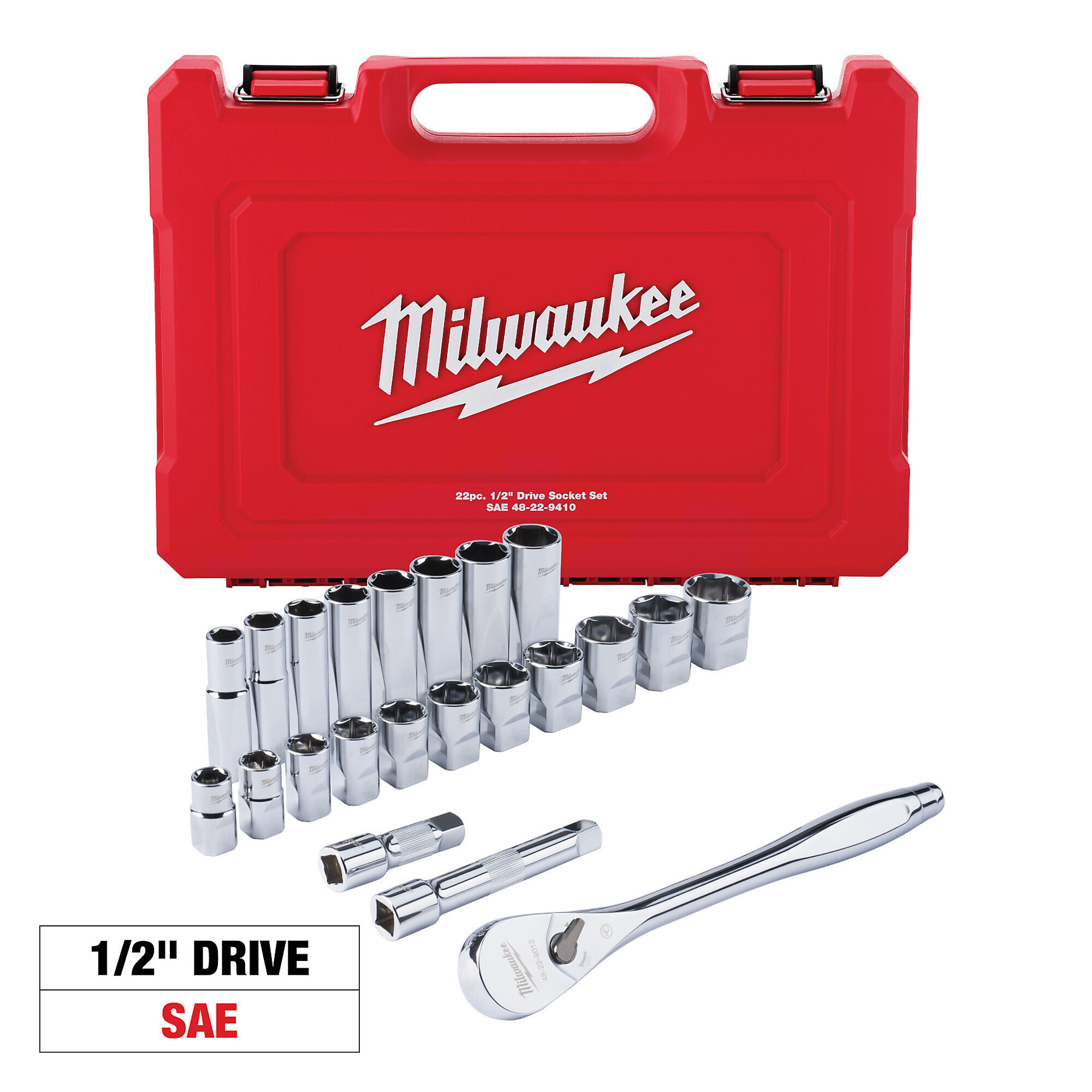 Milwaukee 1/2in. Drive Ratchet and Socket Set, 22-Pc., SAE, Model# 48 ...