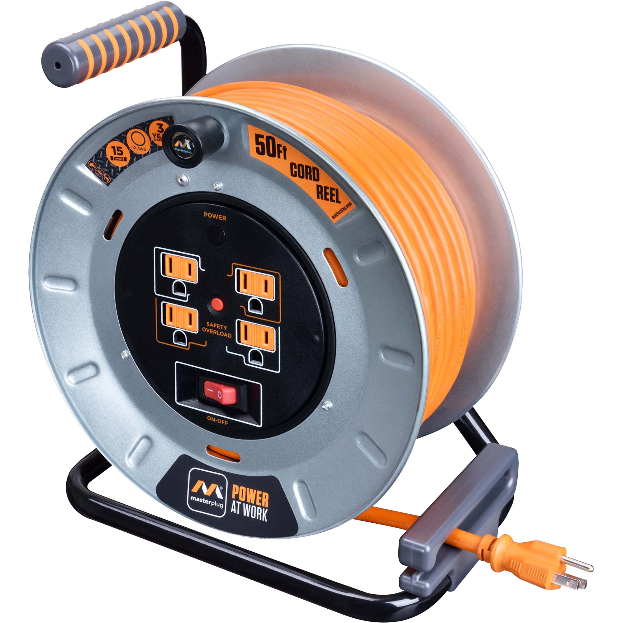 Masterplug Extension Cord Reel, 50ft.L, 12 Ga., Model# OTMP501512G4SL ...