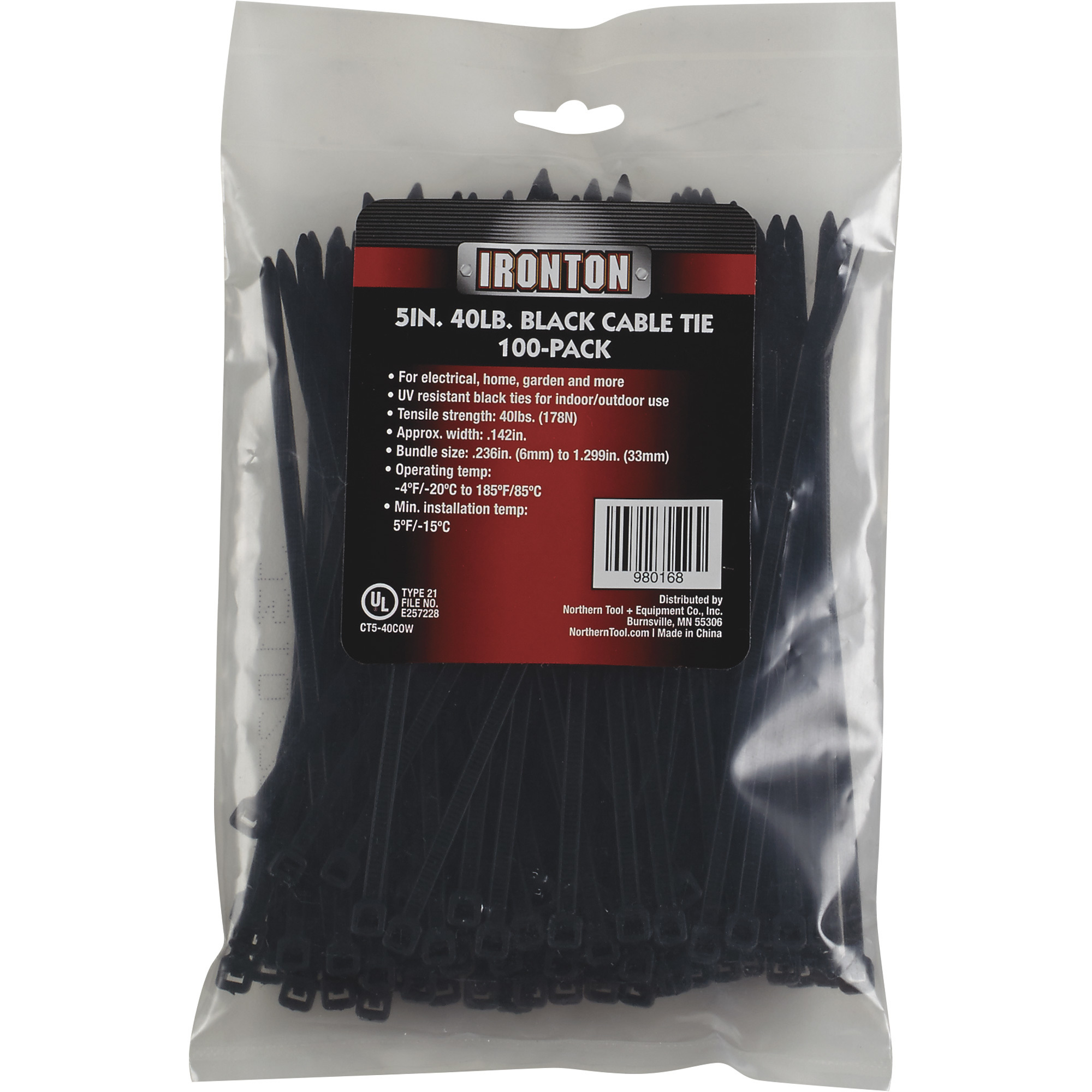 Ironton Multi-Pack of Cable Zip Ties, 100-Pk., 5in.L x .142in.W, 40-Lb ...