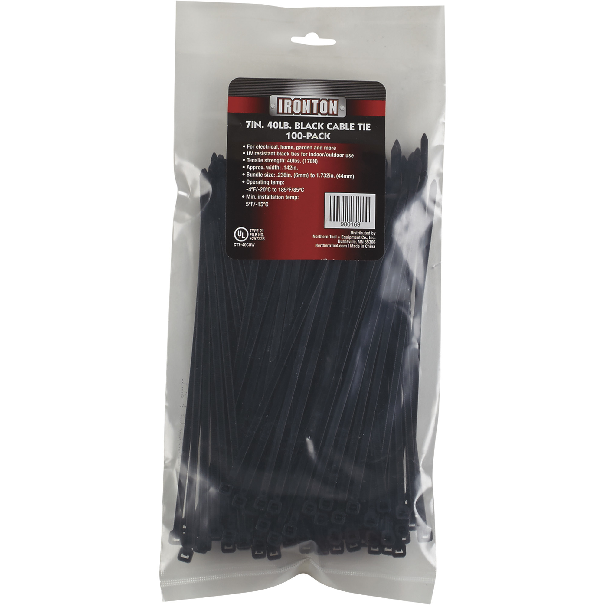 Ironton Multi-Pack of Cable Zip Ties, 100-Pk., 7in.L x .142in.W, 40-Lb ...