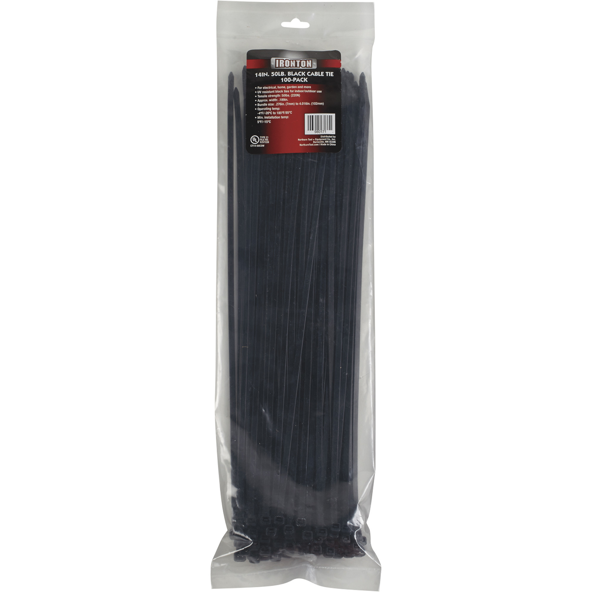 Ironton Multi-Pack of Cable Zip Ties, 100-Pk., 14in.L x .189in.W, 50-Lb ...