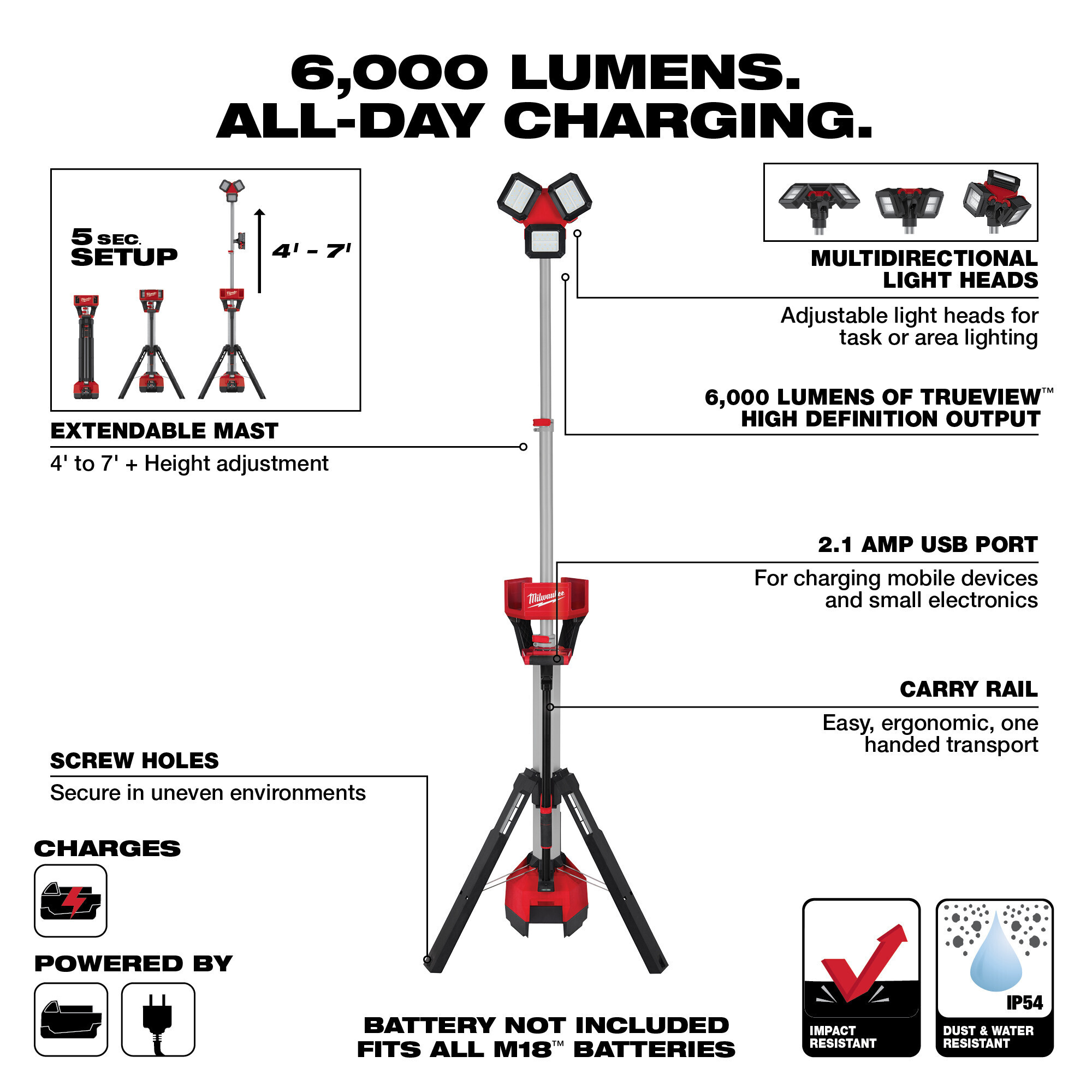 Milwaukee M18 Rocket LED Tower Light and Charger, 6000 Lumens, Model ...