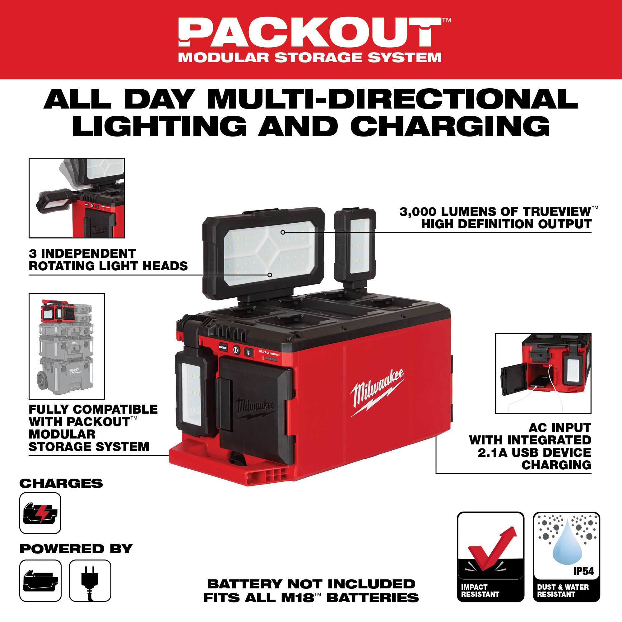Milwaukee M18 PACKOUT Light/Charger, 3000 Lumens, Model# 2357-20 ...