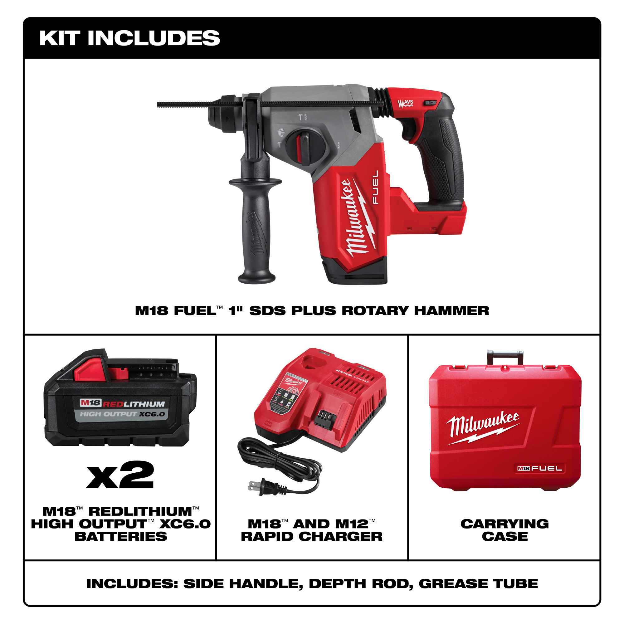 Milwaukee M18 FUEL 1in. SDS Plus Rotary Hammer Kit , 2 Batteries, Model ...