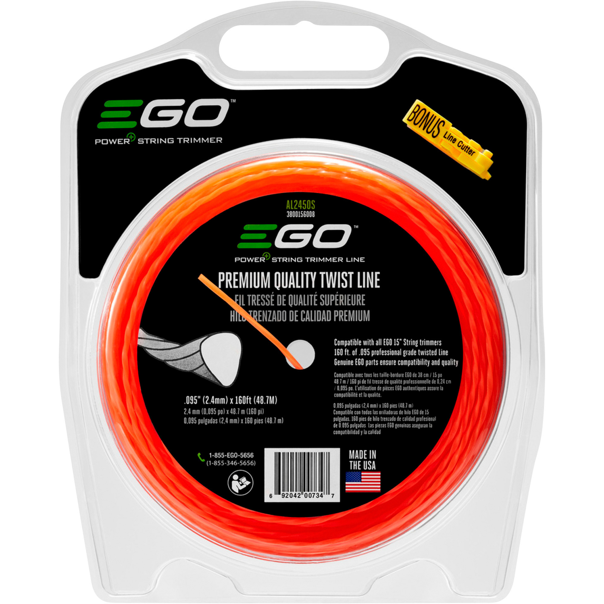 EGO Twisted Trimmer Line, 0.095in. Dia., 160-ft. Spool, Model# AL2450S ...