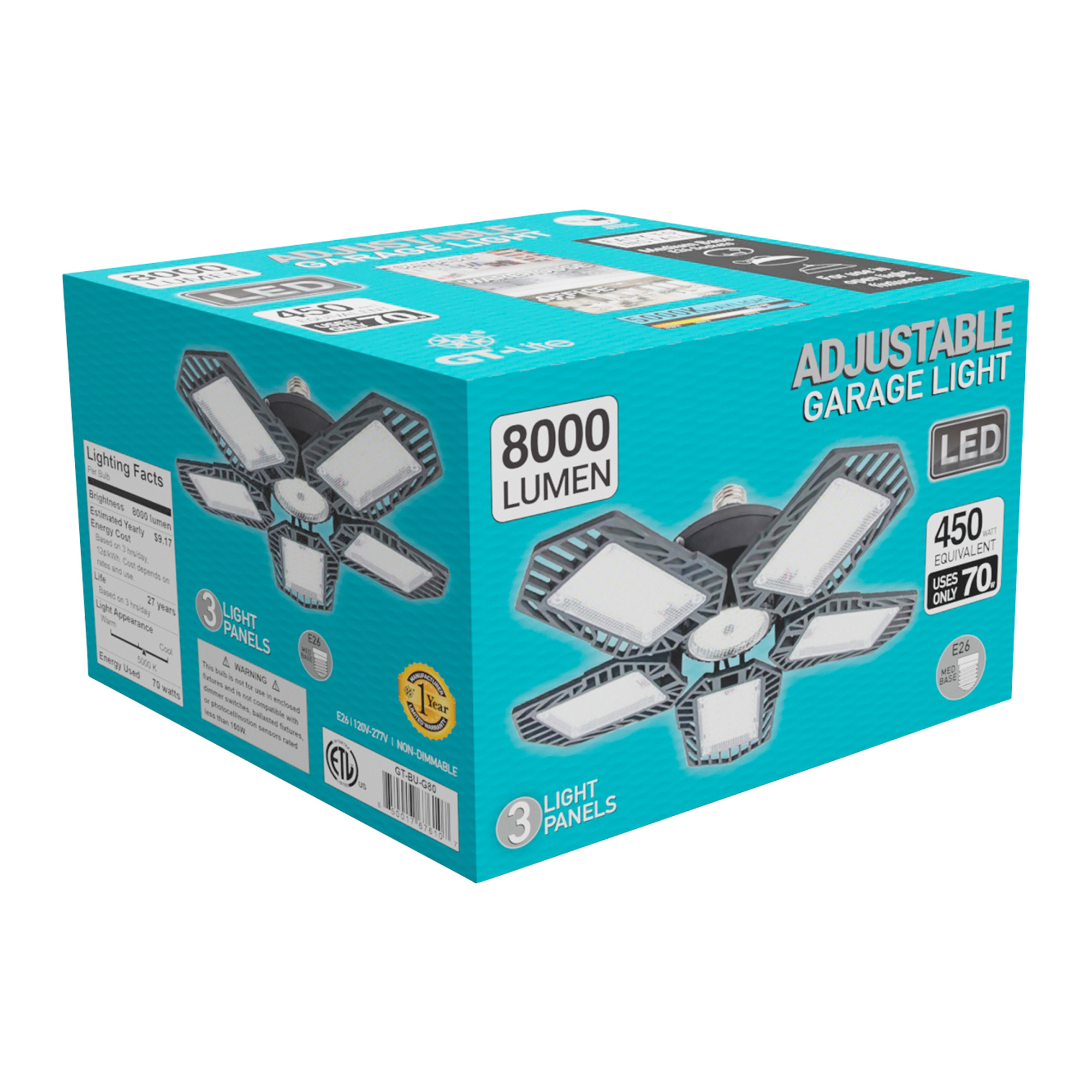 GT-Lite Adjustable 5-Panel LED Garage Light, 8000 Lumens, Model# GT-BU ...