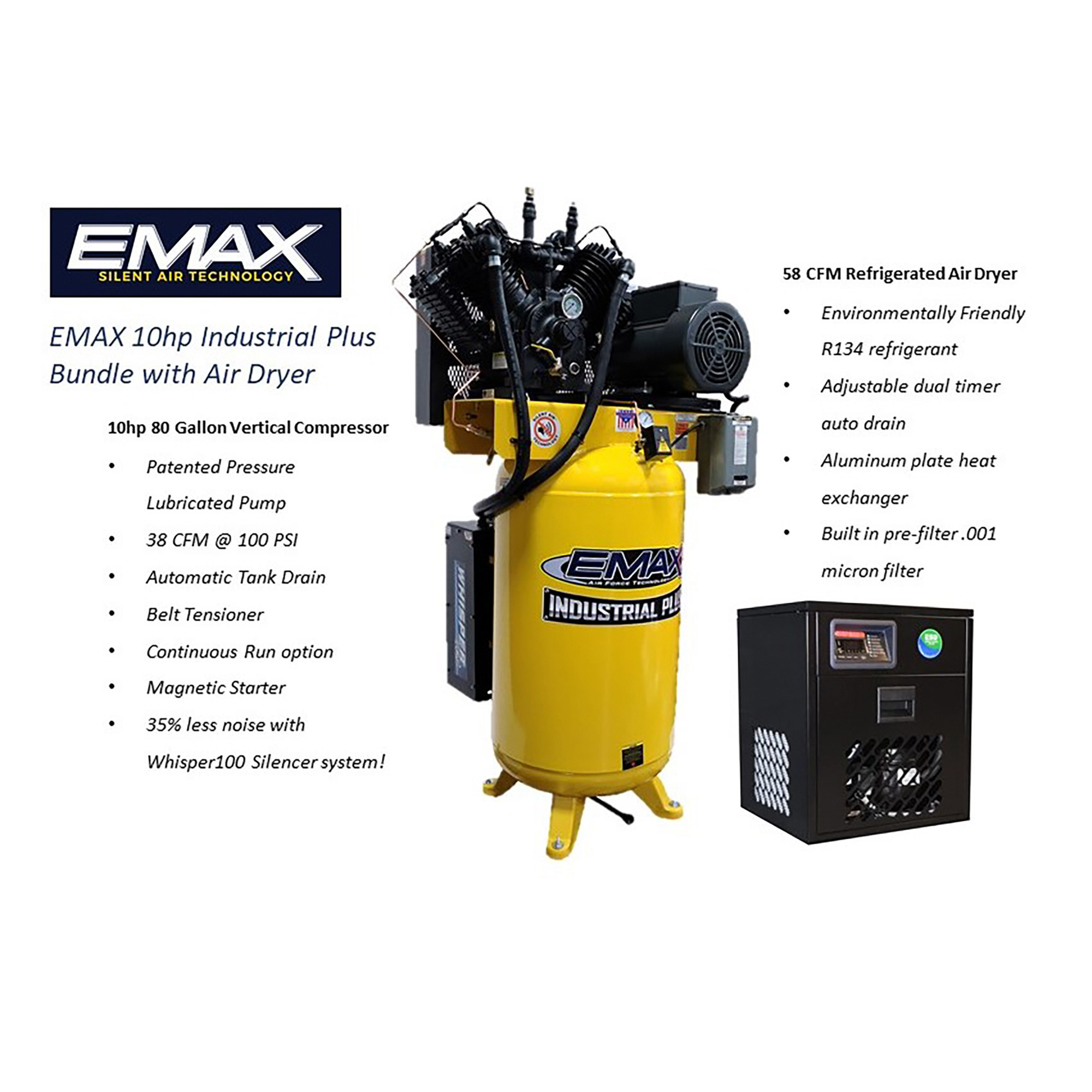 EMAX Silent Air Industrial Plus 10 HP, 3-Phase, 460 Volt, 80-Gallon ...
