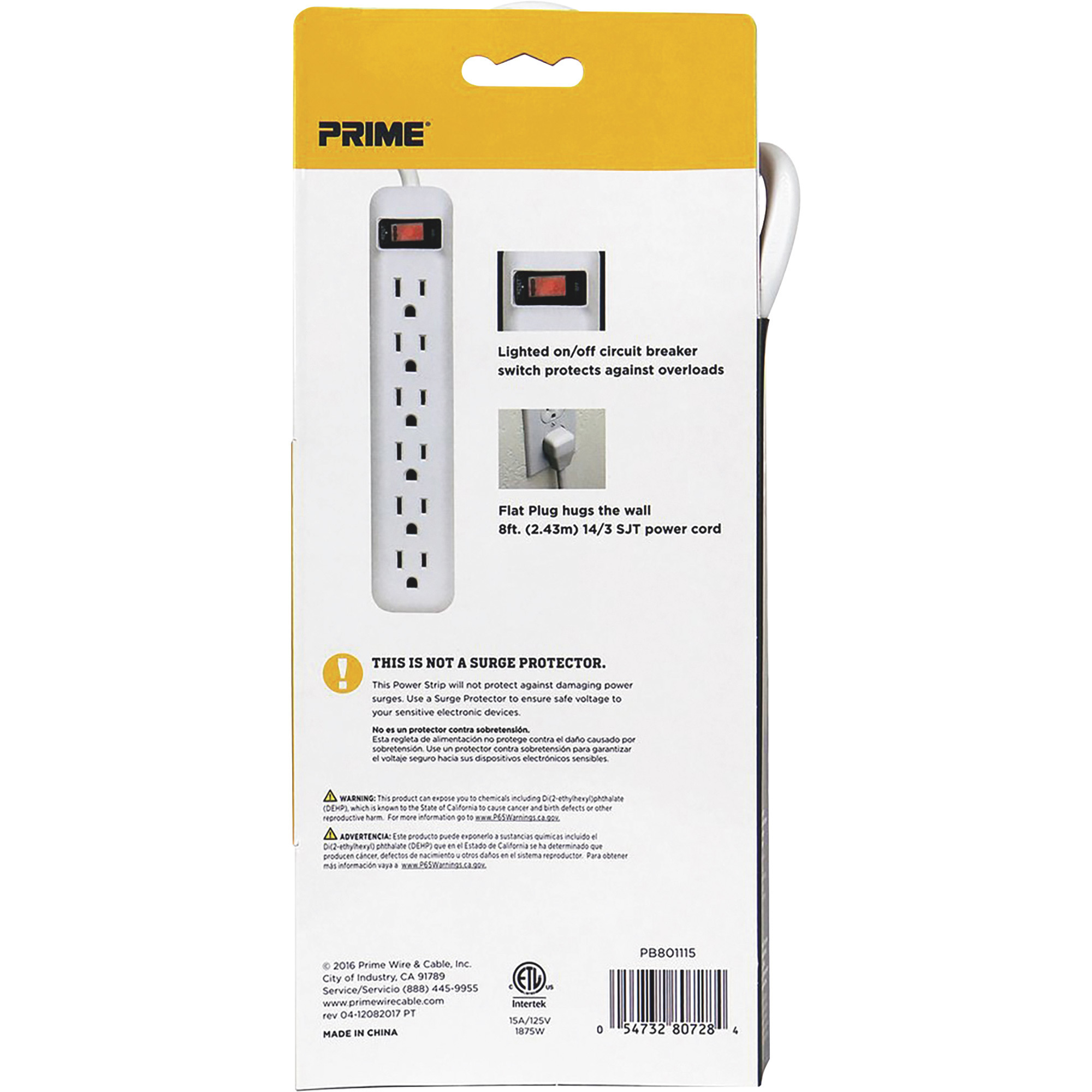 Prime Power Strip, 6 Outlets, 14/3-Ga., 8ft.L, Model# PB801115 ...