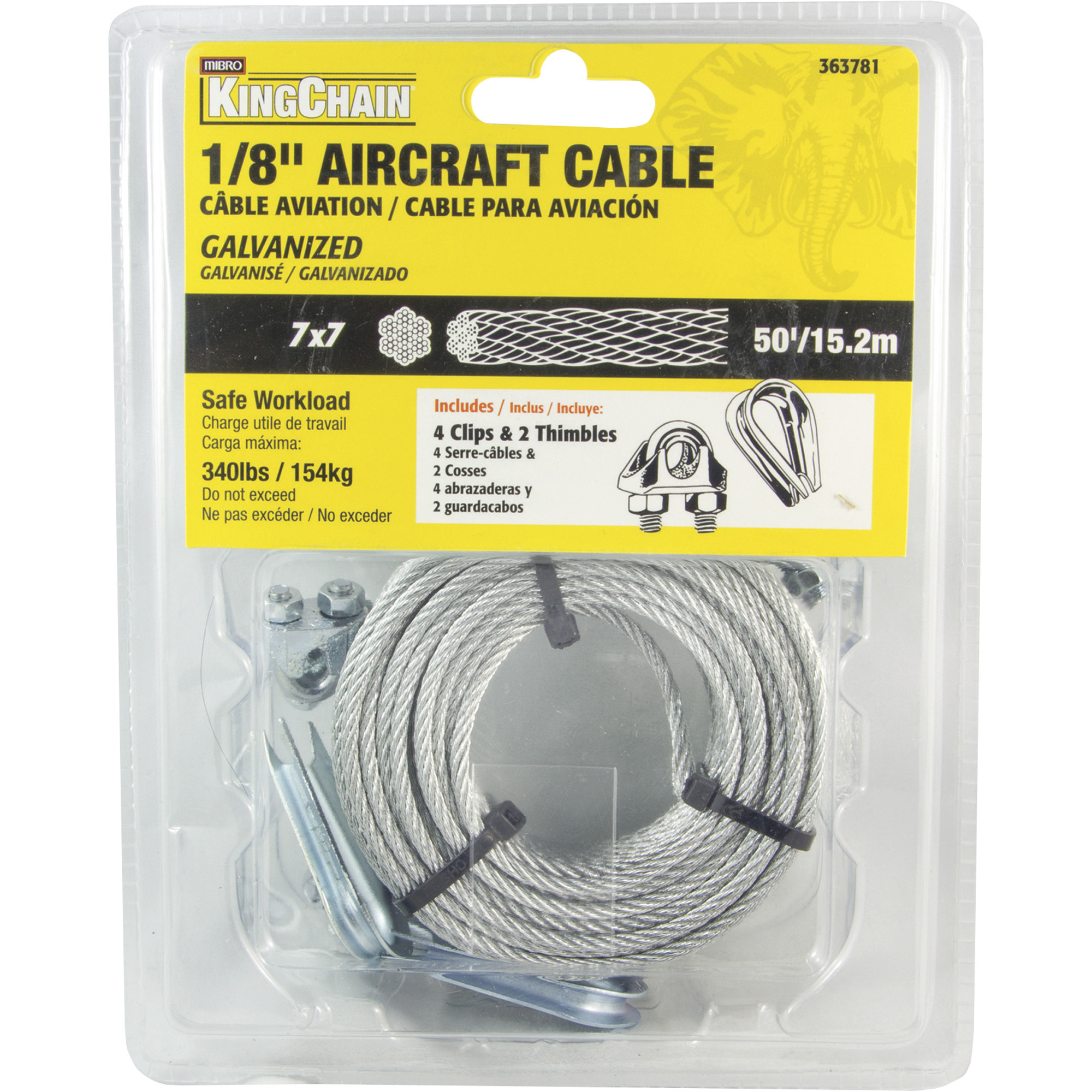 Mibro Galvanized Aircraft Cable, 1/8in. x 50ft., 7 x 7, Model# 363781 ...