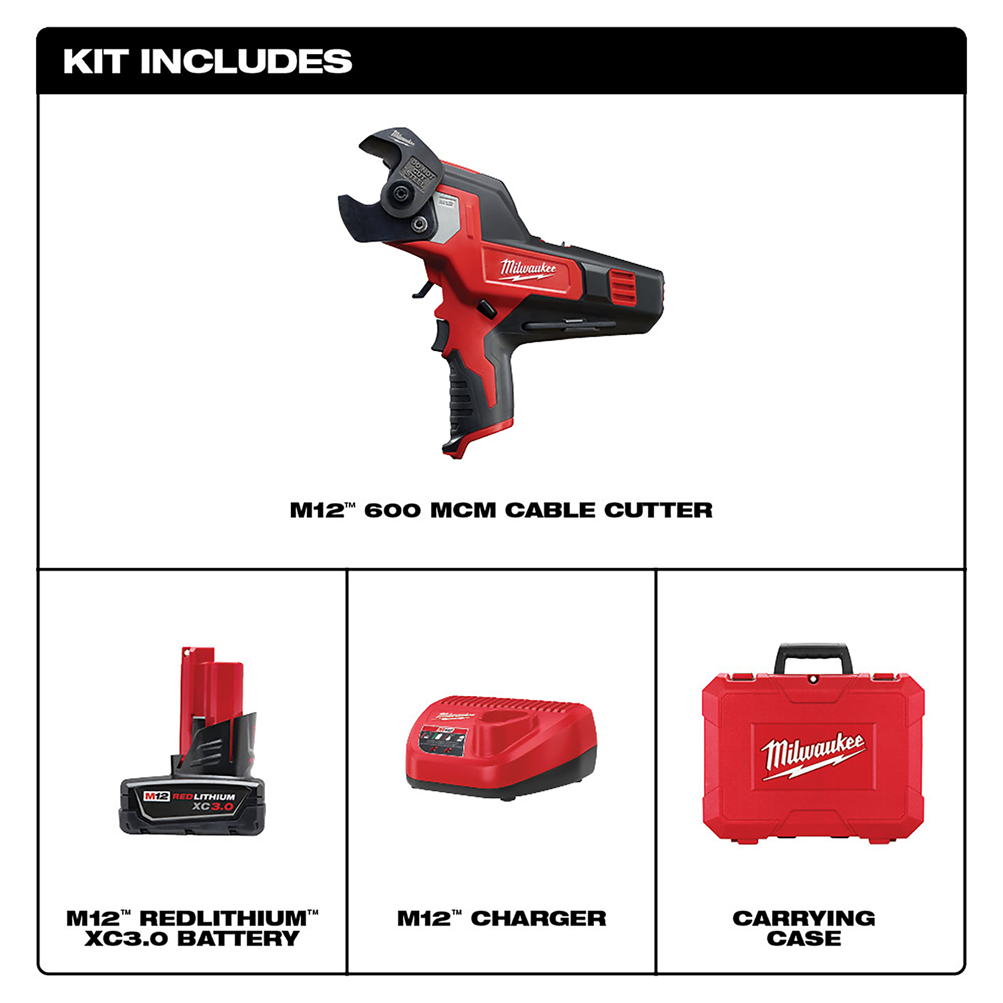 Milwaukee M12 Cordless 600 MCM Cable Cutter Kit, 1 Battery, Model# 2472 ...