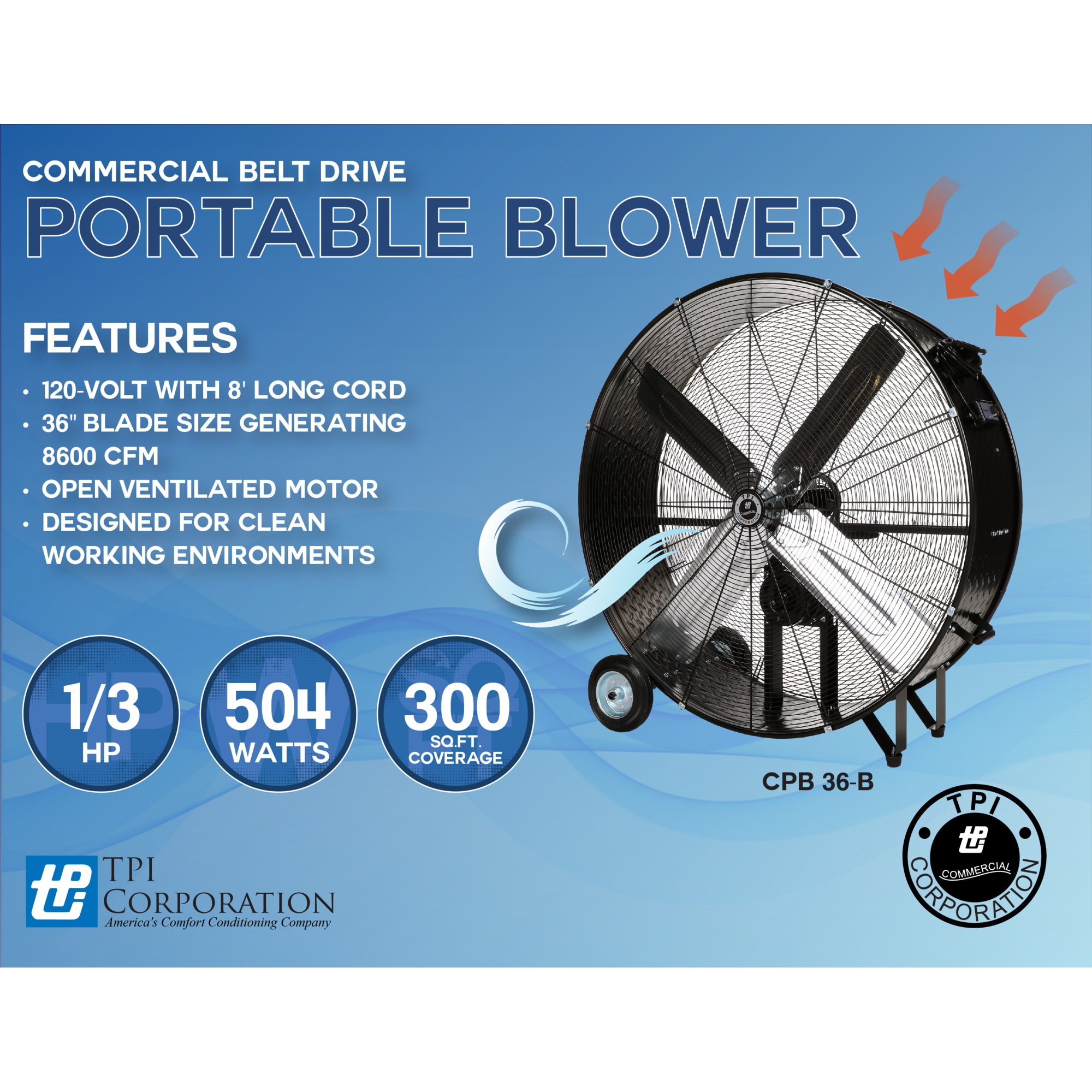 TPI, Portable Blower, Fan Diameter 36 in, Air Delivery 8600 cfm, Volts ...
