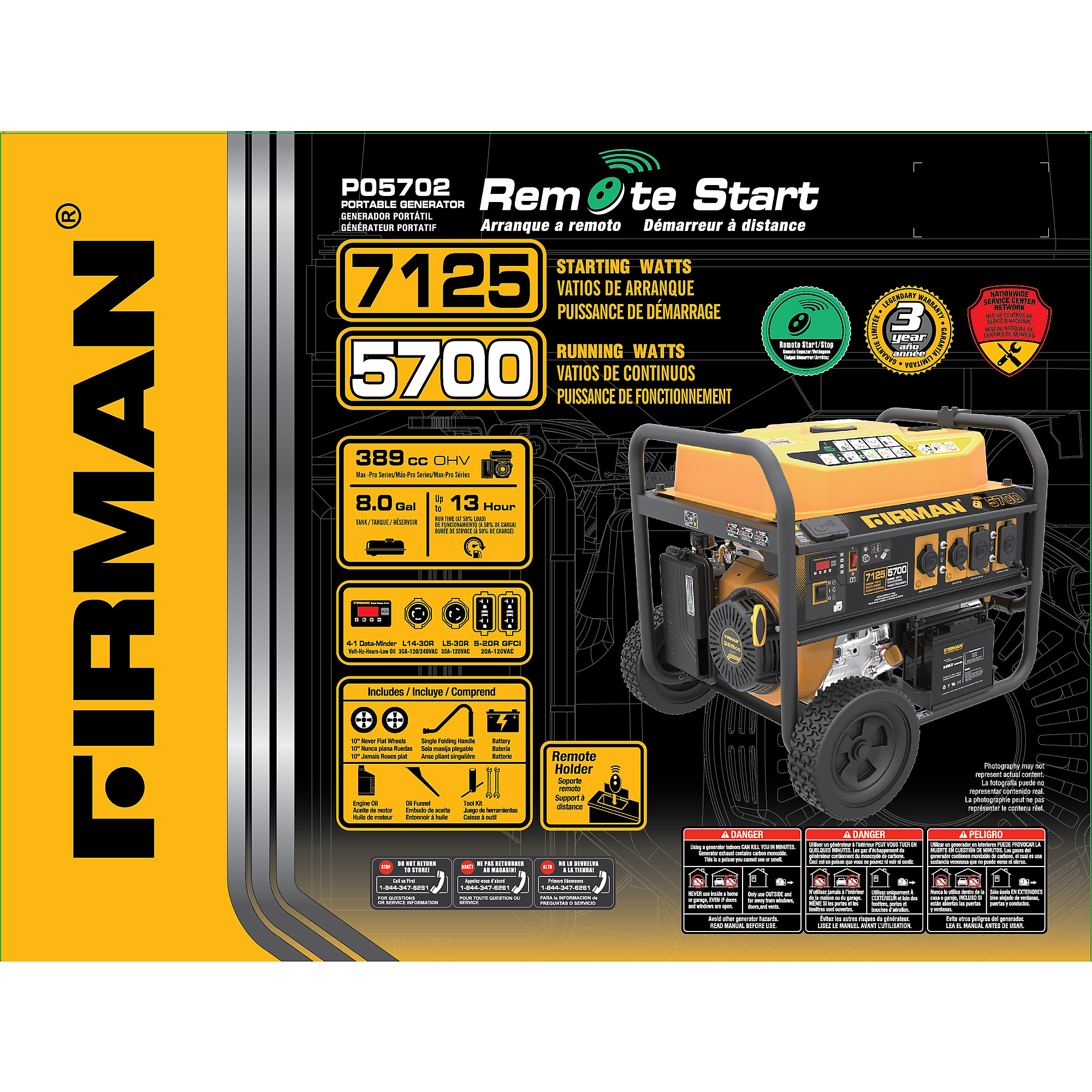 Firman, Portable Generator, Surge Watts 7125, Rated Watts 5700, Voltage ...