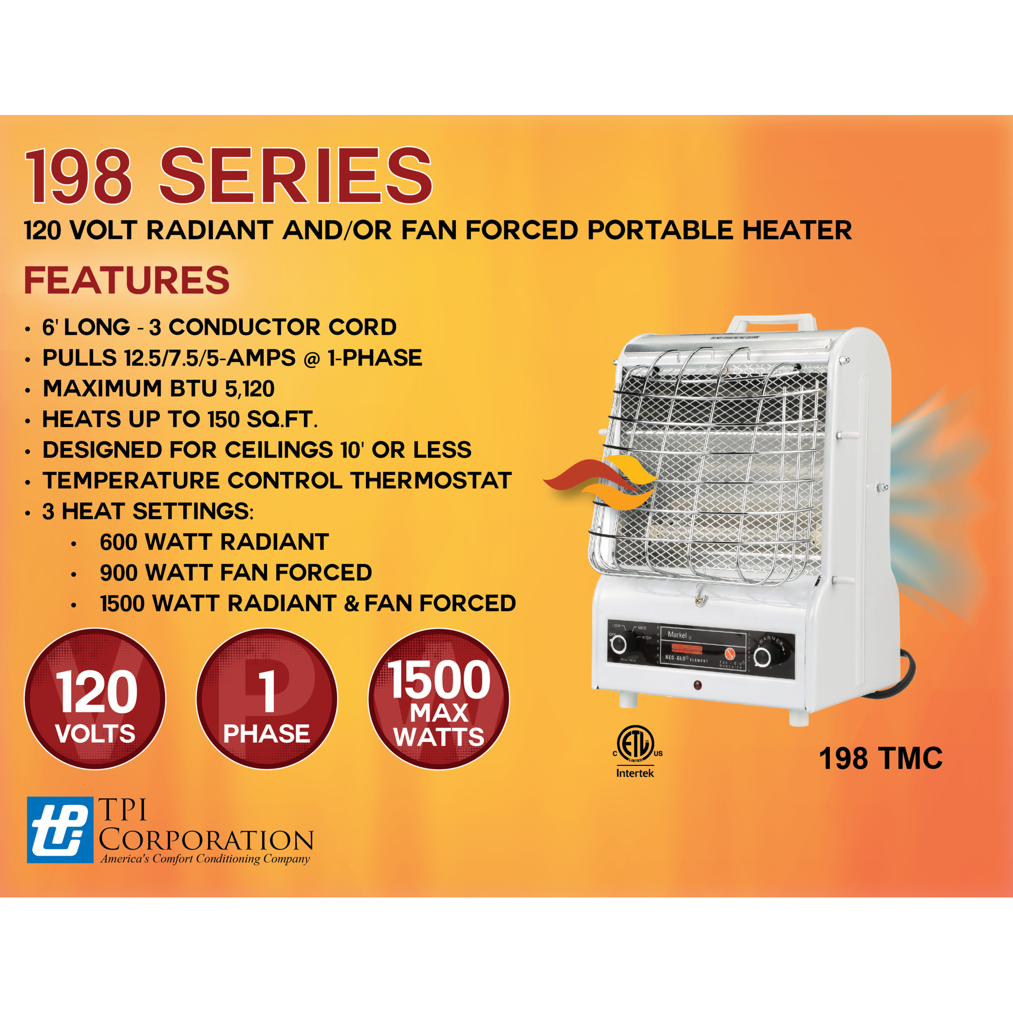 TPI Markel, Portable Electric Fan-Forced Quartz Heater, Heat Type Other ...