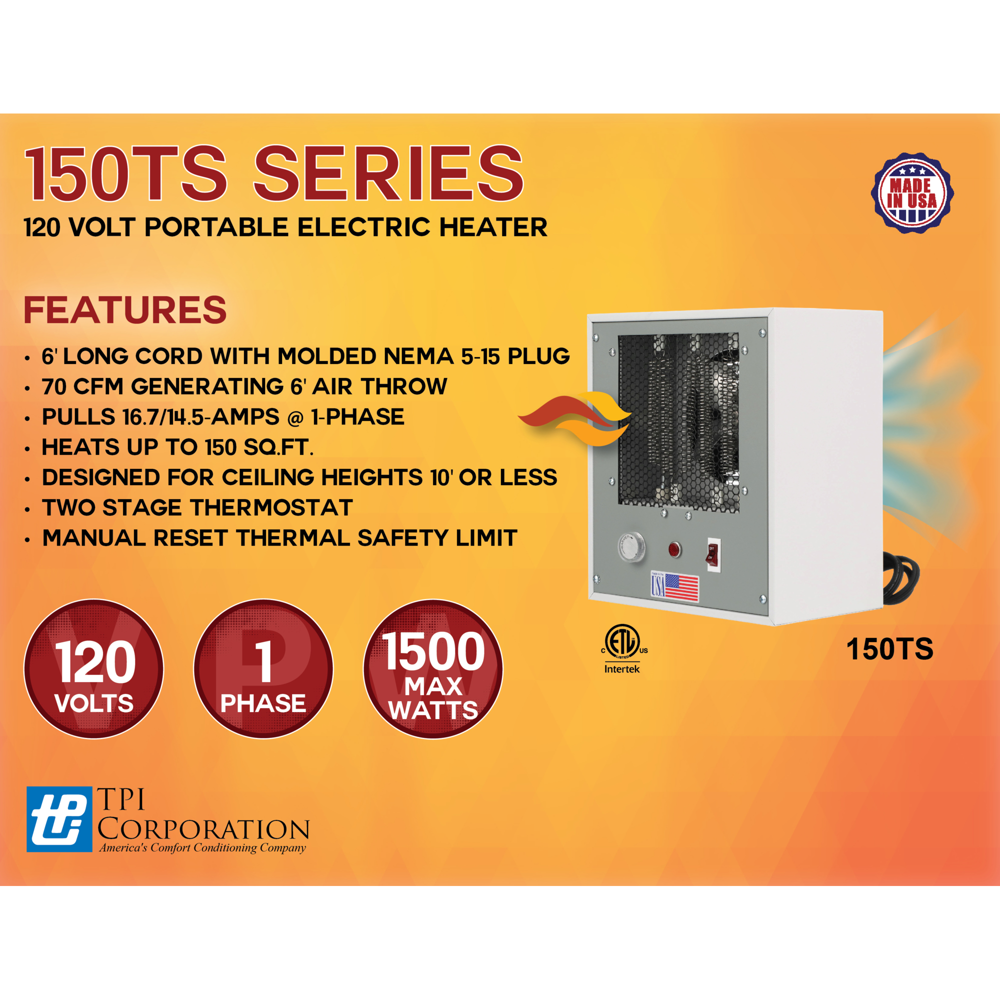 TPI Markel Portable Electric Fan-Forced Box Heater, Heat Type Forced ...