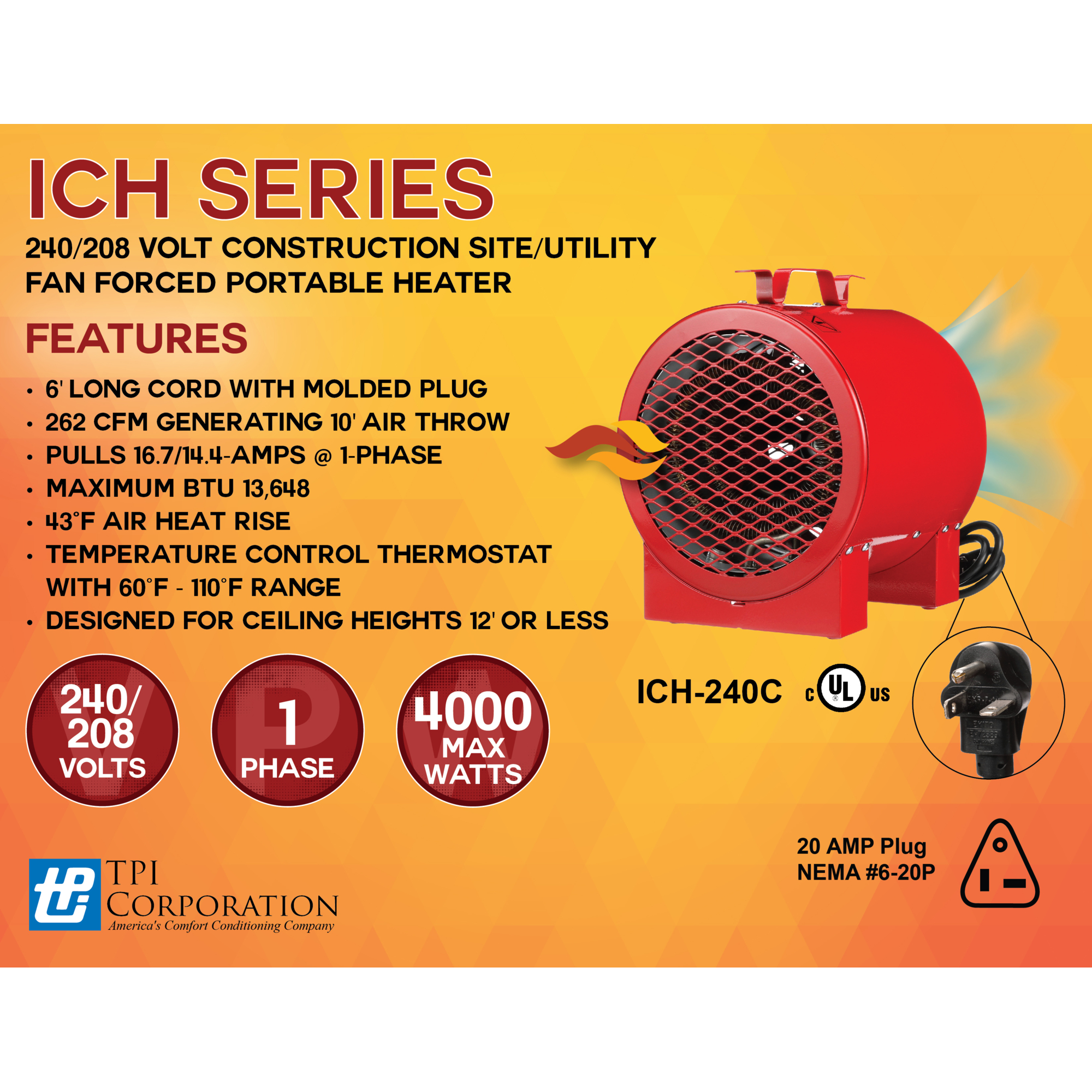 TPI, ICH Series 240/208 Fan Forced Portable Heater, Fuel Type Electric ...