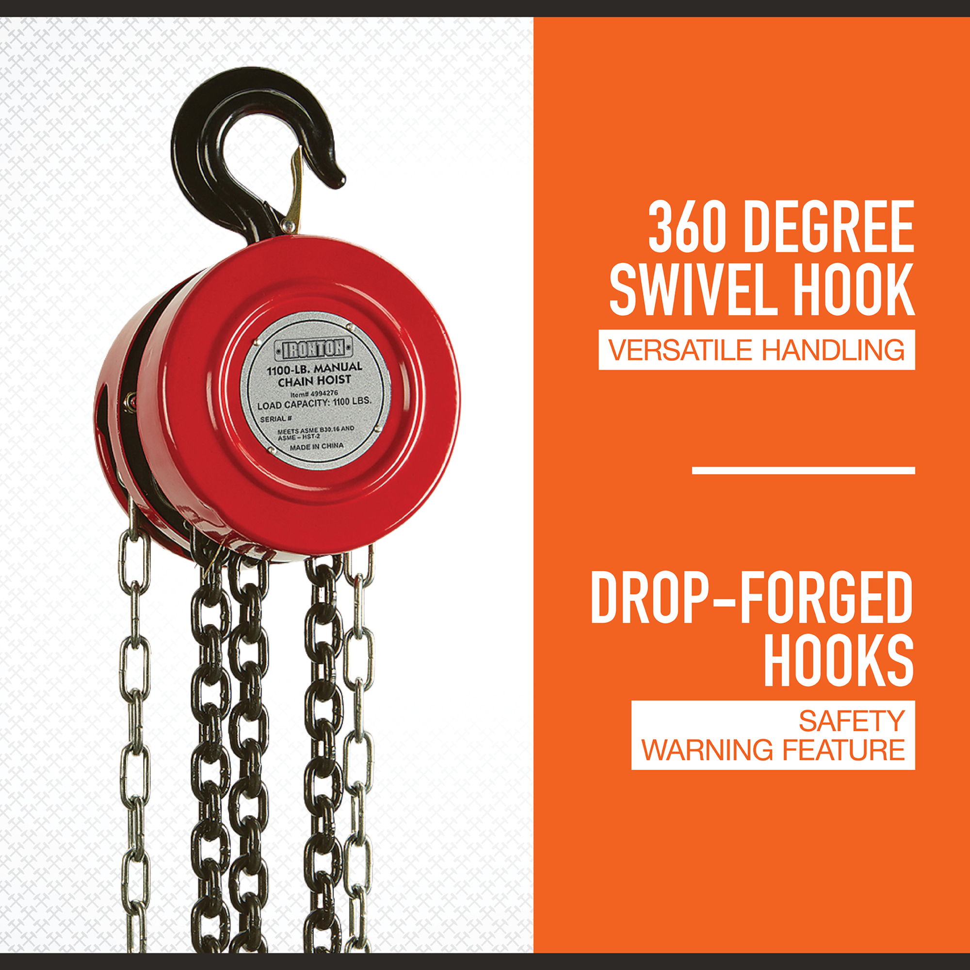 Ironton Manual Chain Hoist, 1100-Lb. Capacity, 10ft. Lift, Model# HSZ0 ...