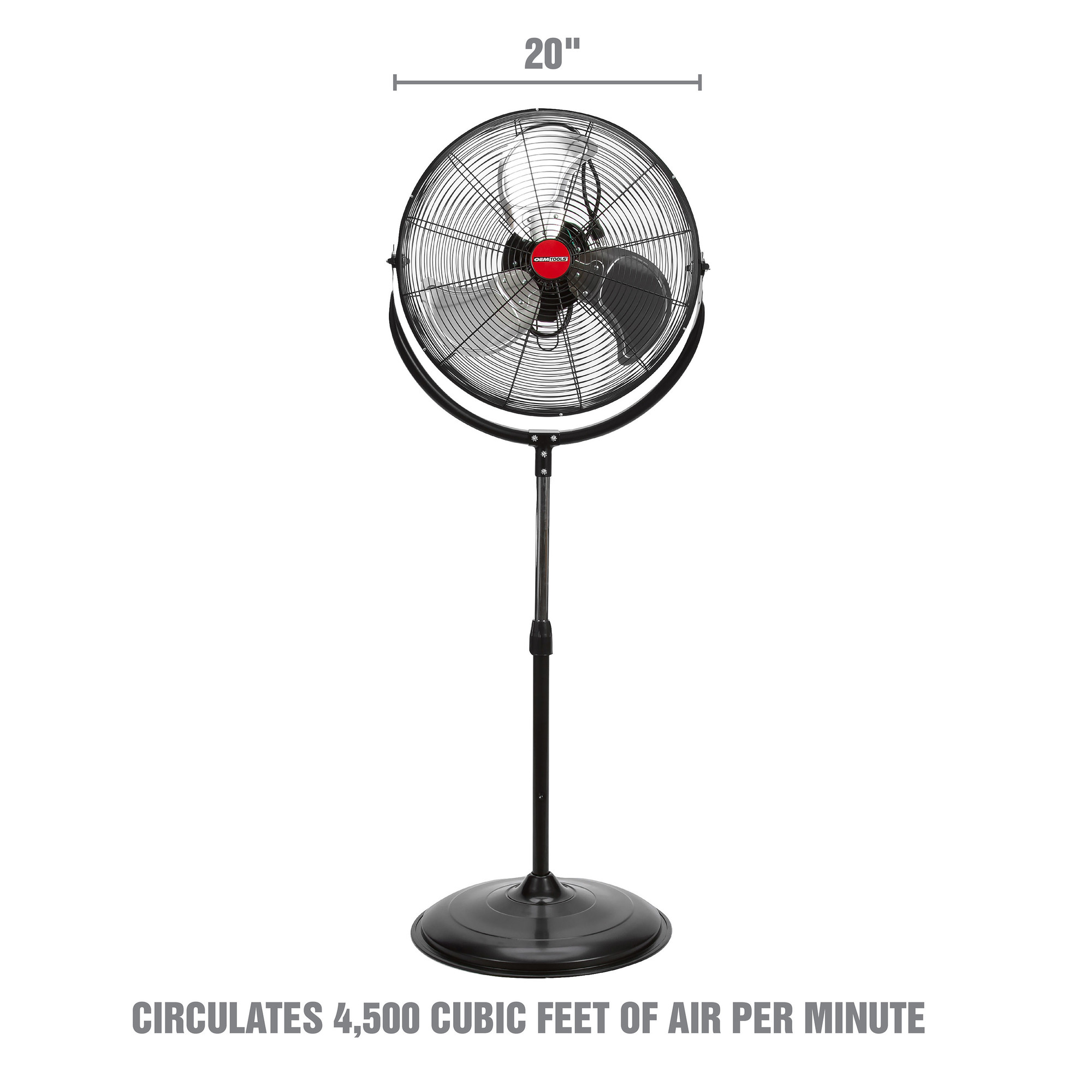 OEMTOOLS, Pedestal Orbital Fan, Fan Diameter 20 in, Air Delivery 4500 ...