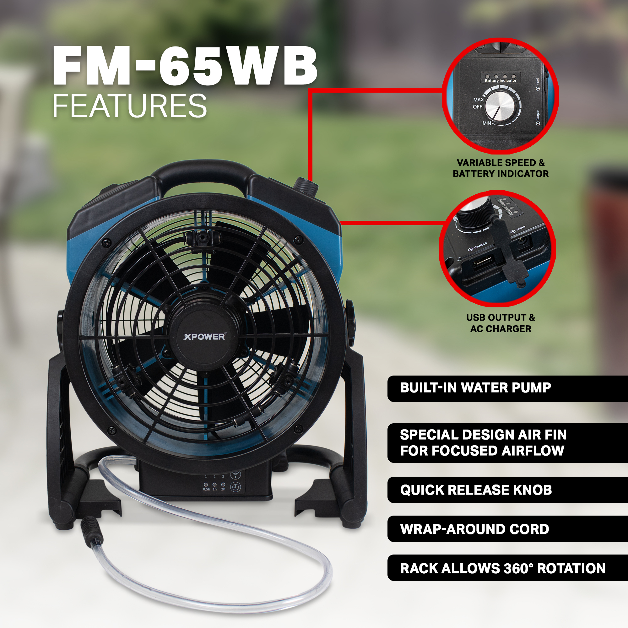 XPOWER, Rechargeable Battery Misting Fan wPump, Fan Diameter 11 in, Air ...