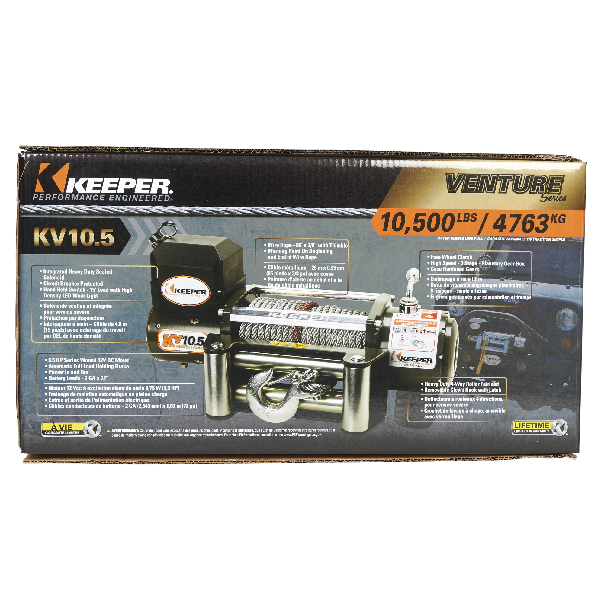 Keeper, KV, Winch, 10,500lb, Remote, WR, RF, w/Light, Capacity (Line ...