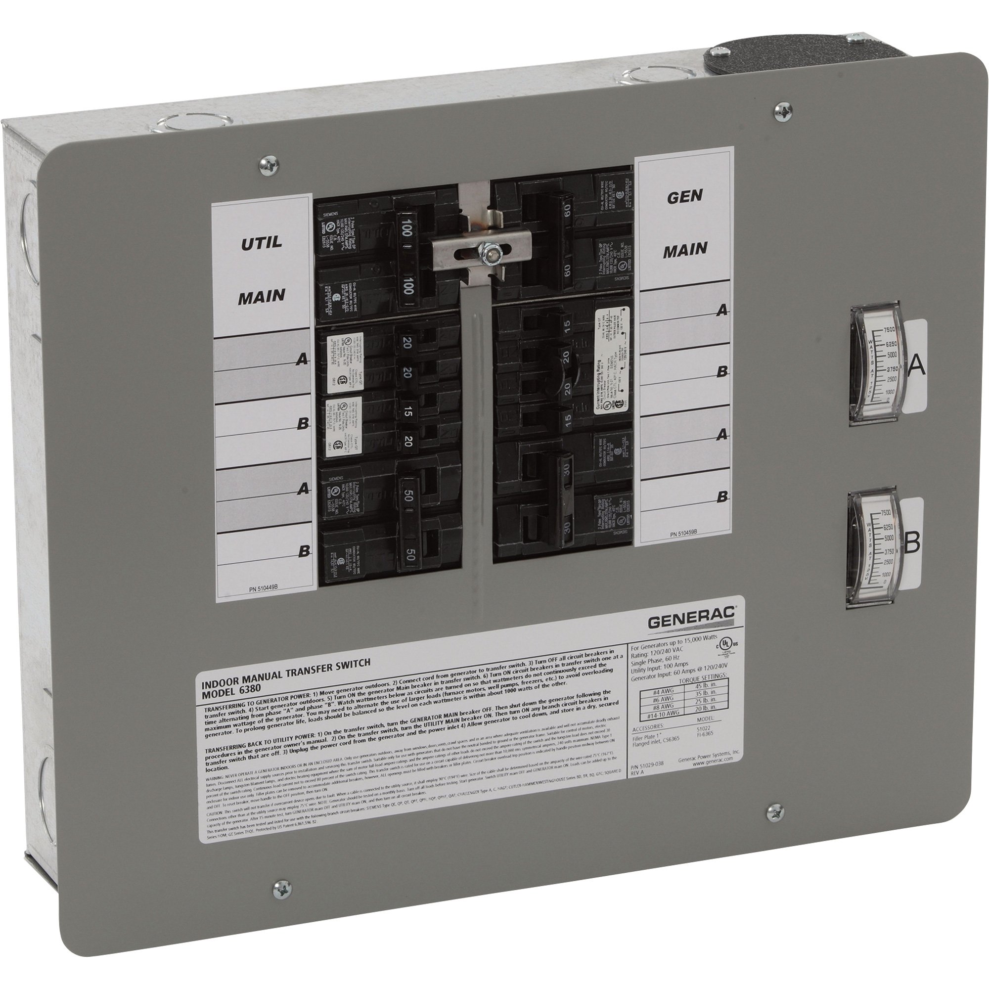 Generac Generator Manual Indoor Transfer Switch — 50 Amps, Single Phase ...