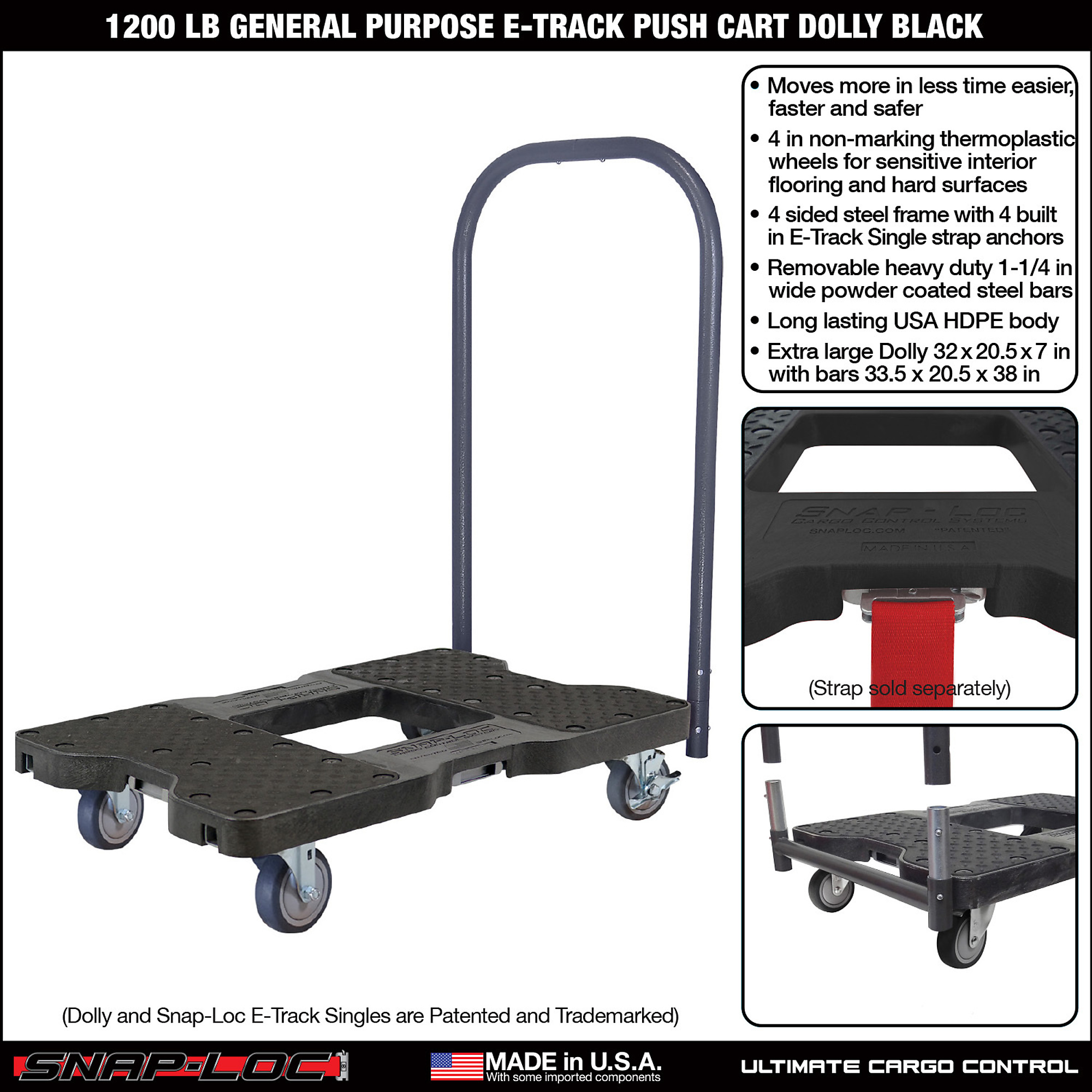 Snap-Loc, General Purpose E-Track Push Cart Dolly Black, Total Capacity ...