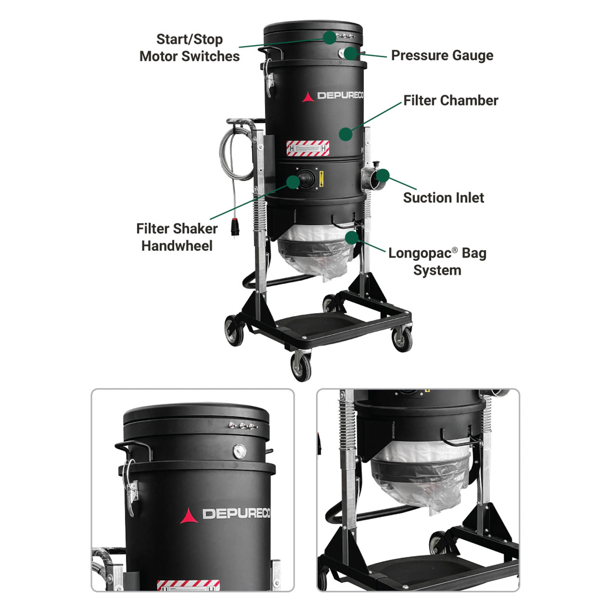 DUPURECO, Industrial Vac, 336 Cfm, Manual Shaker, Longopac, Vacuum ...