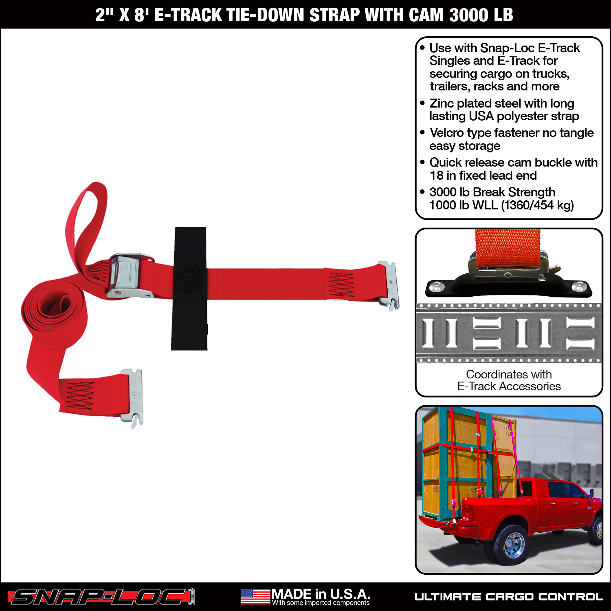 Snap-Loc, 2in.x 8ft. E-track Cam Strap Tie-Down 3000lb, Working Load ...