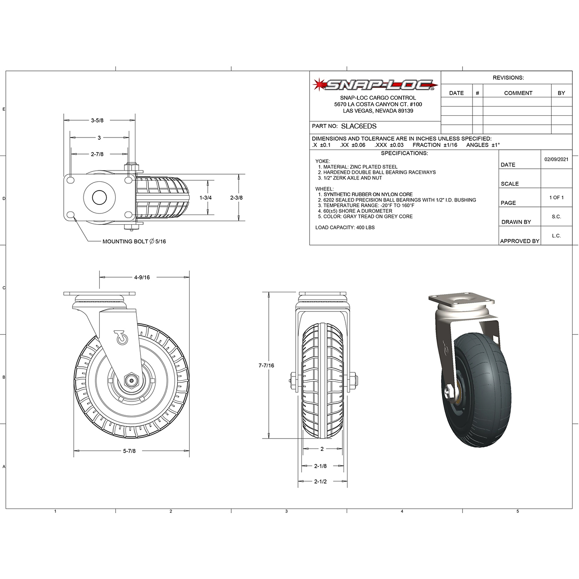 Snap-Loc, Extreme-Duty Synthetic Rubber Swivel, Wheel Diameter 6 in ...