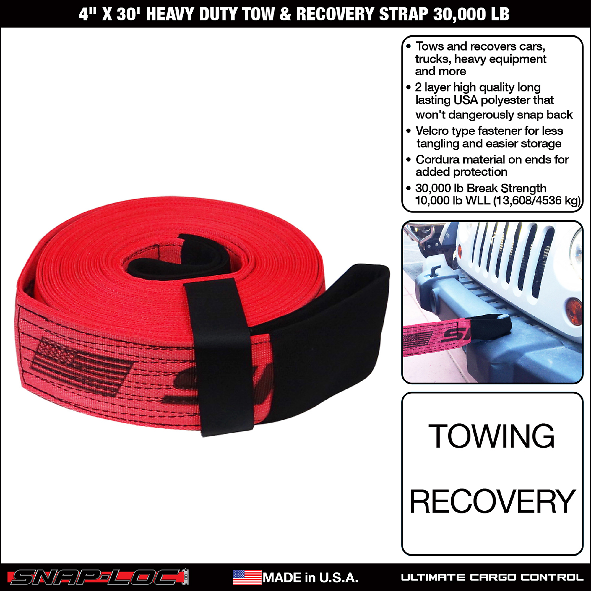 Snap-Loc, 4in.x 30ft. Heavy Duty Tow Recovery Strap 30,000lb, Working ...