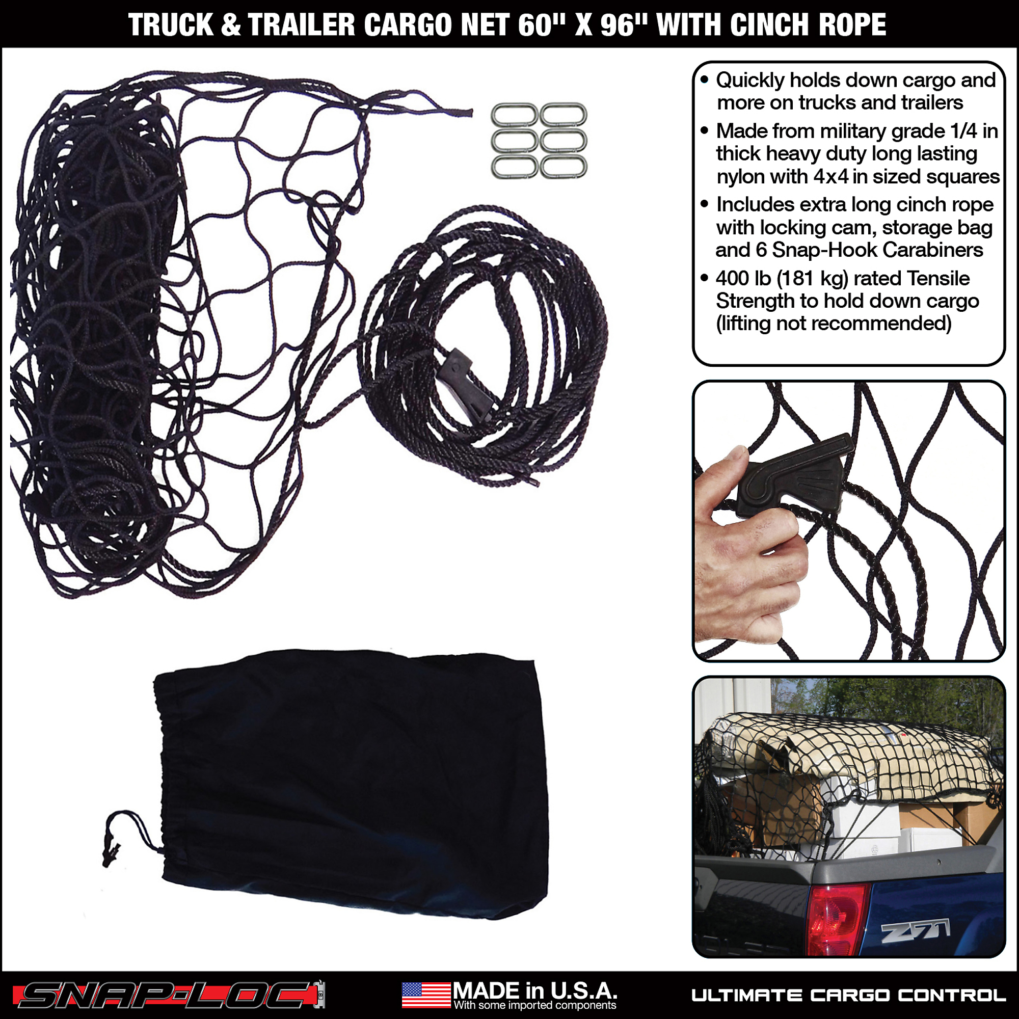 Snap-Loc, Truck/Trailer Cargo Net 60x96in. w/Cinch Rope, Capacity 400 ...