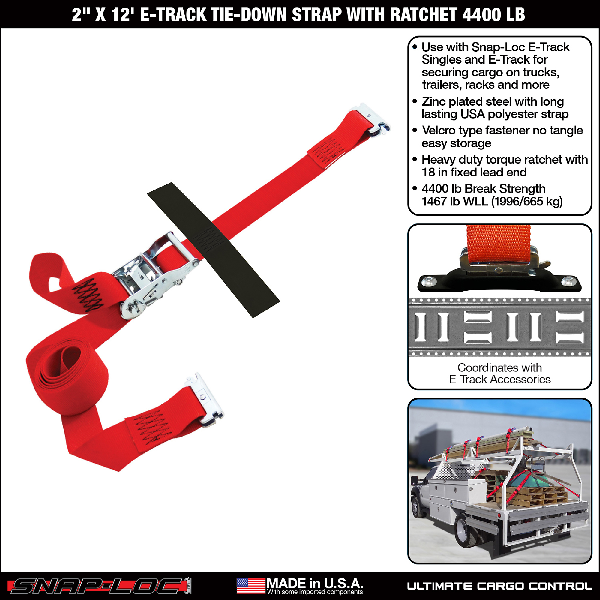 Snap-Loc E-Track Ratchet Strap Tie-Down - 2in. x 12ft., 4400-Lb. Break ...