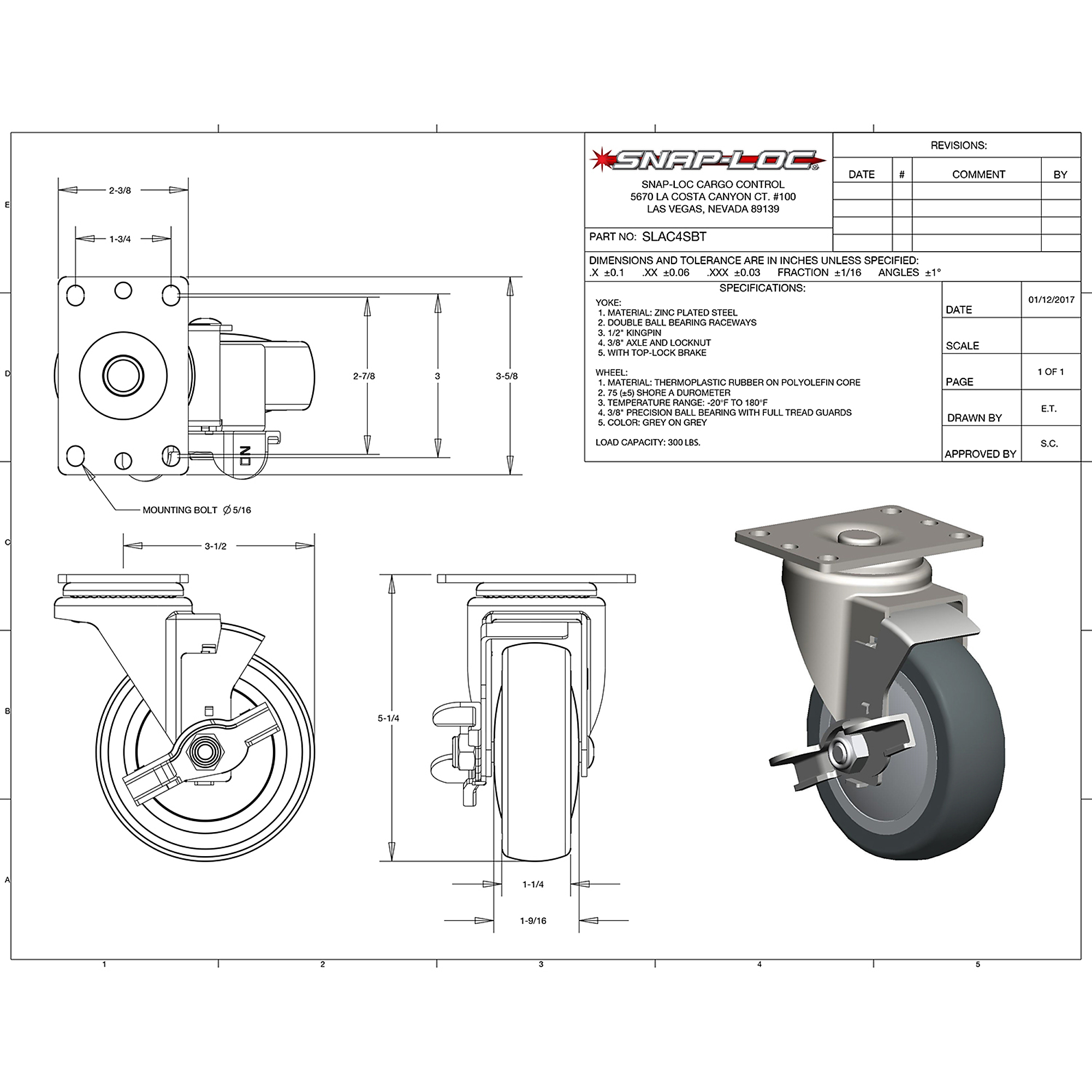 Snap-Loc, General Purpose Thermoplastic Swivel-Brake, Wheel Diameter 4 ...