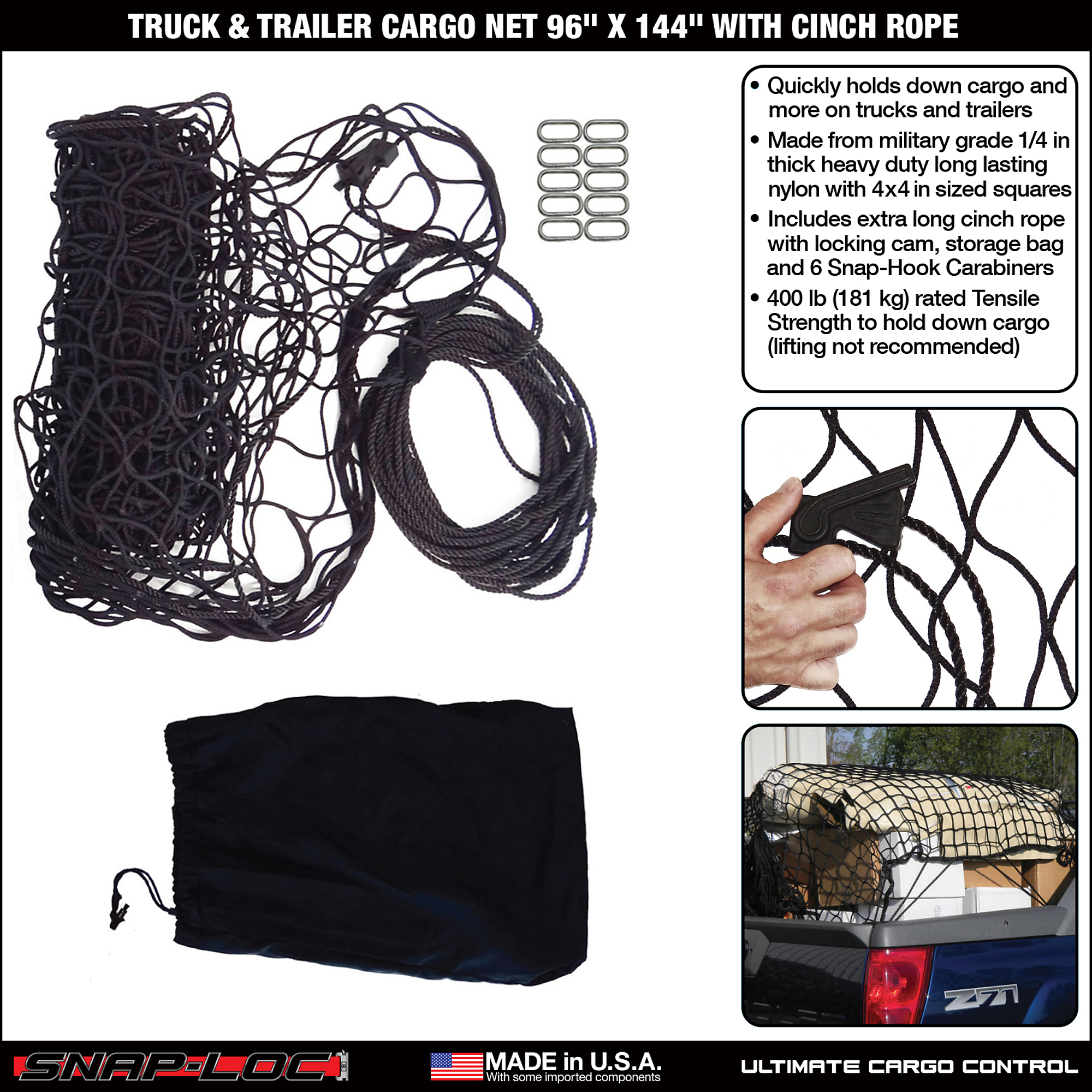 Snap-Loc, Truck/Trailer Cargo Net 96x144in. w/Cinch Rope, Capacity 400 ...