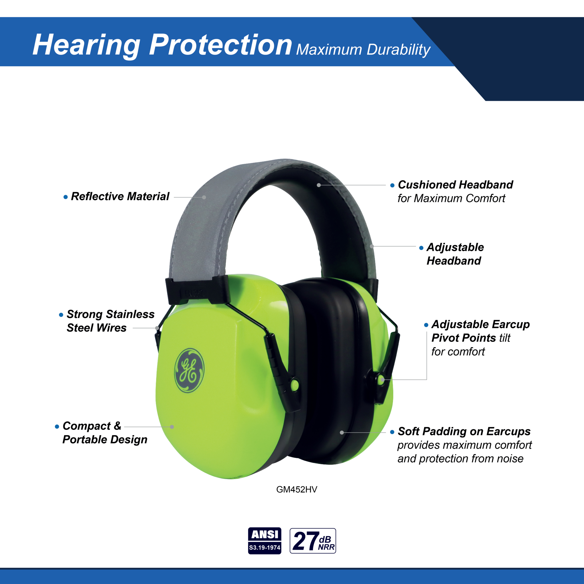 General Electric, NRR 27dB High Visibility Protective Earmuff, Lime ...